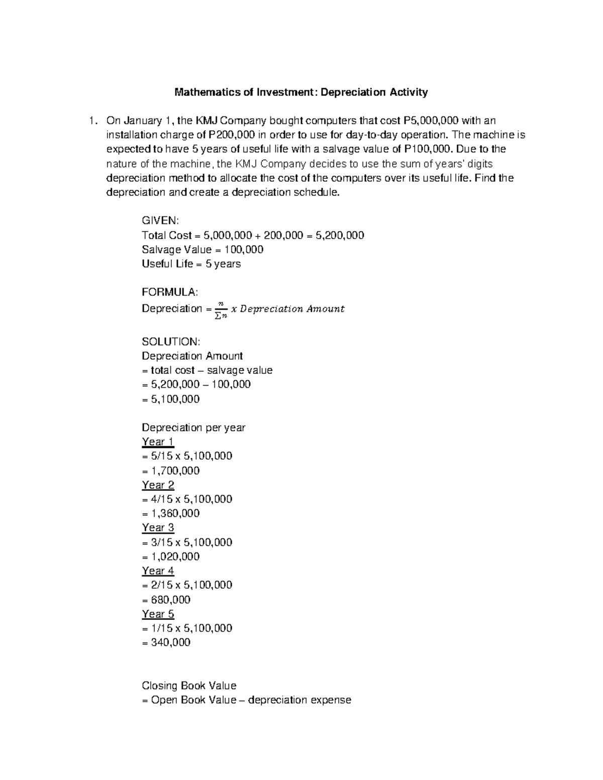 Depreciation-Activity - Mathematics of Investment: Depreciation ...