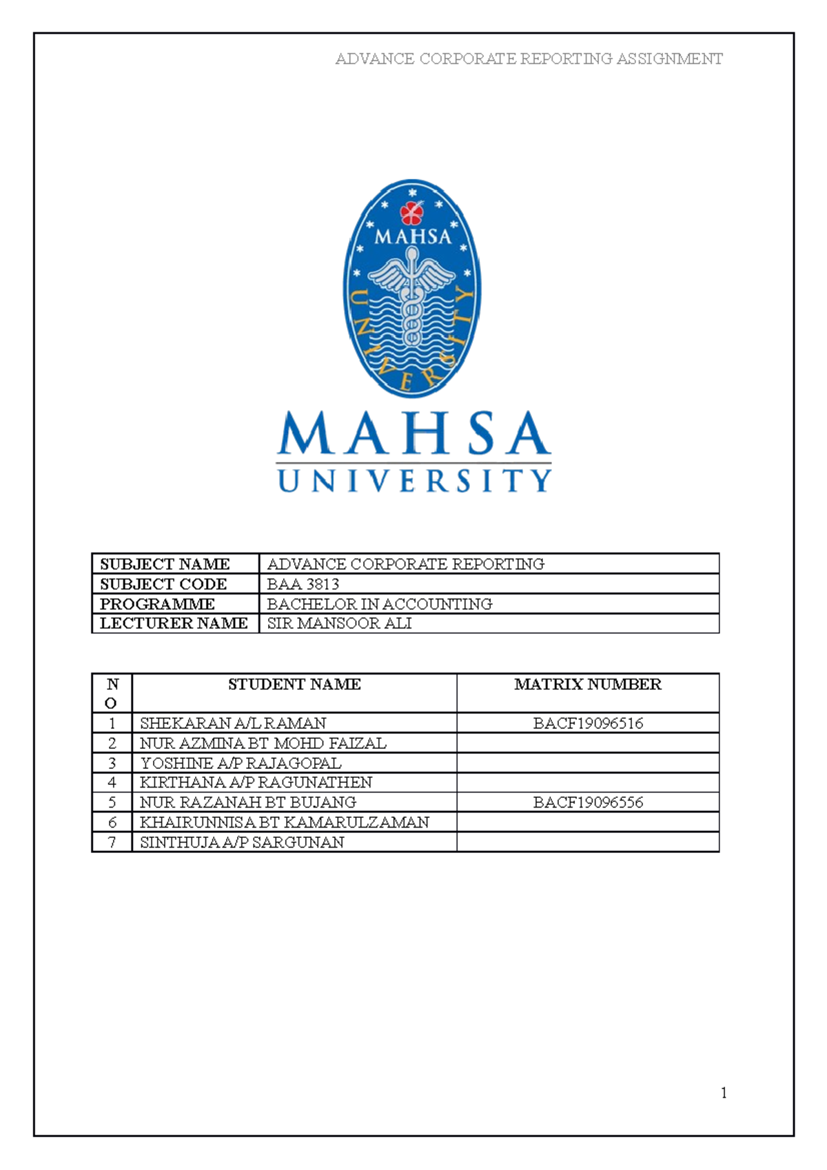 Assignment ( Advance Corporate Reporting) - SUBJECT NAME ADVANCE ...