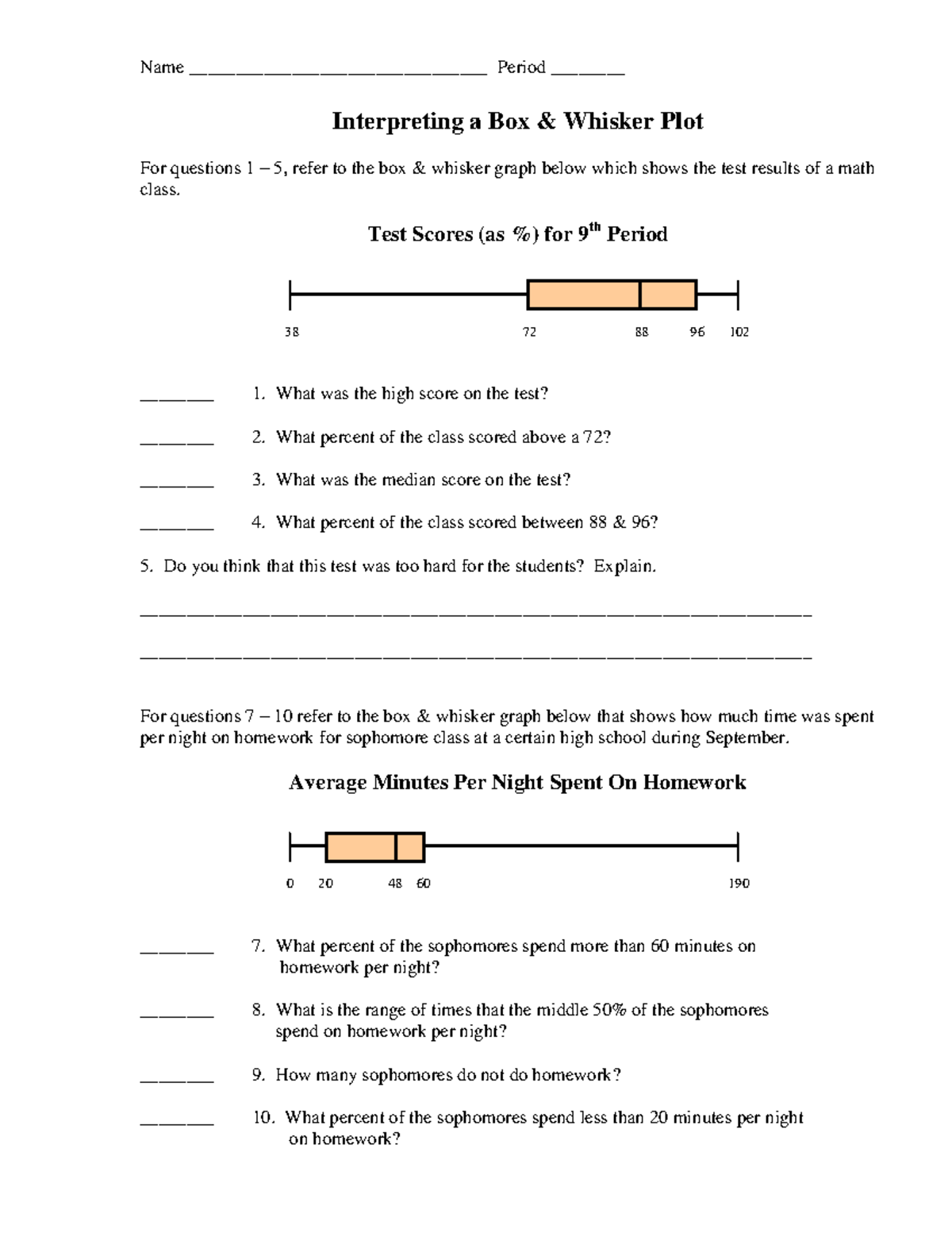 Box and Whisker Interpretation Worksheet Answers AND Blank - Name