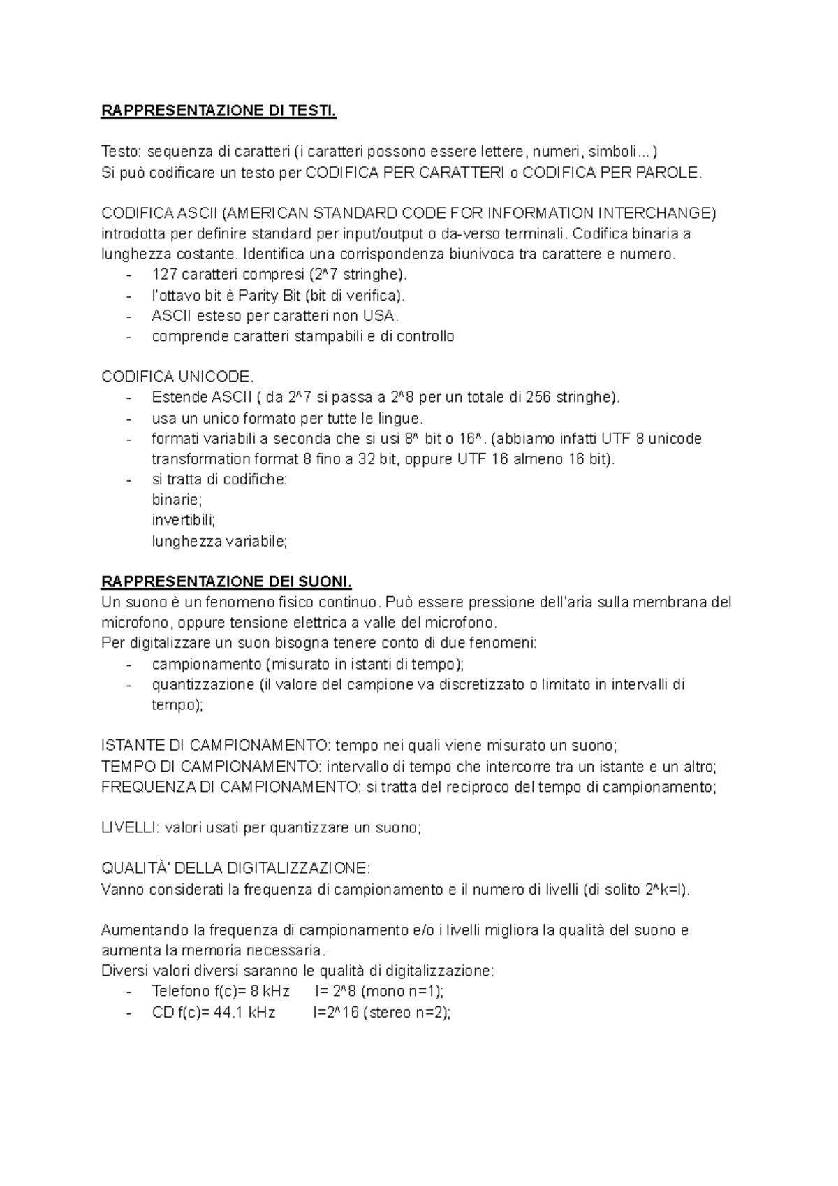 Informatica Rappresentazione DI Testi Suoni Immagini - RAPPRESENTAZIONE ...