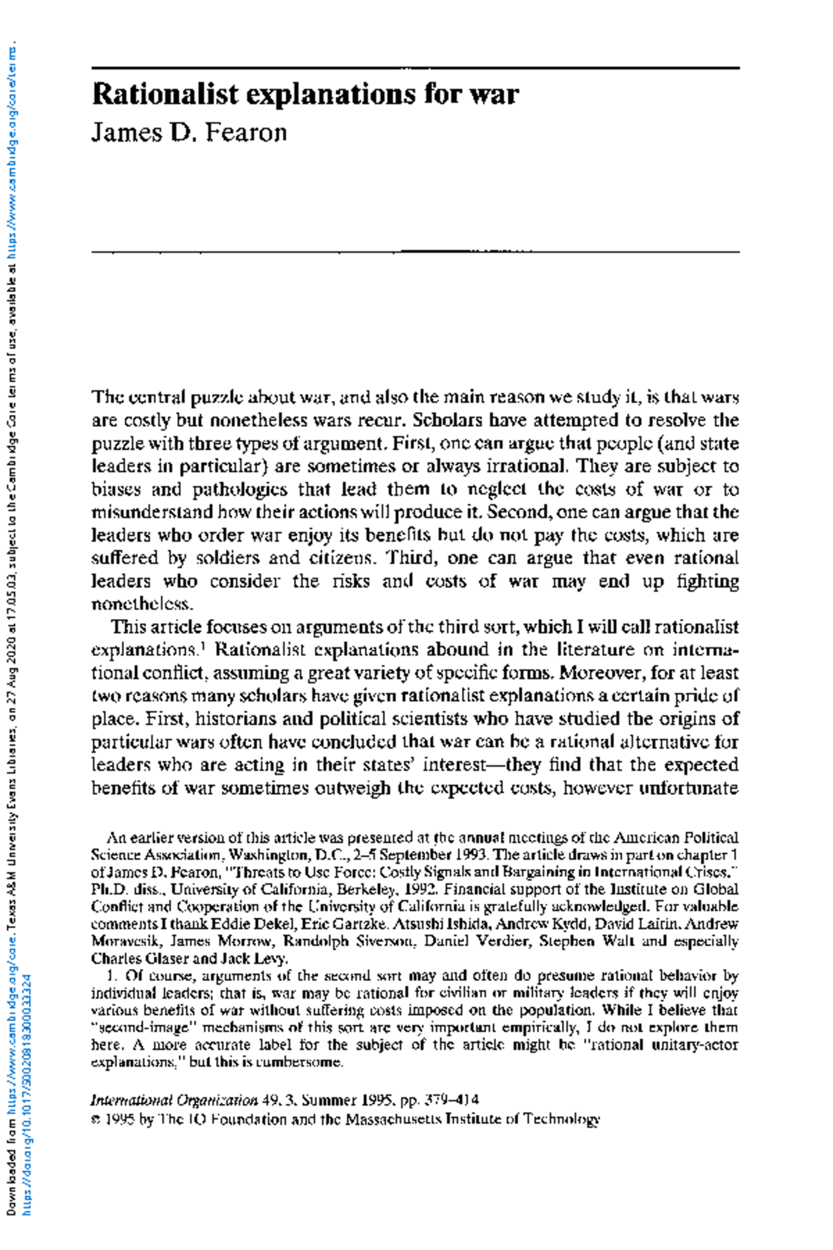 Fearon 1995 Rationalist explanations for war - Rationalist explanations ...
