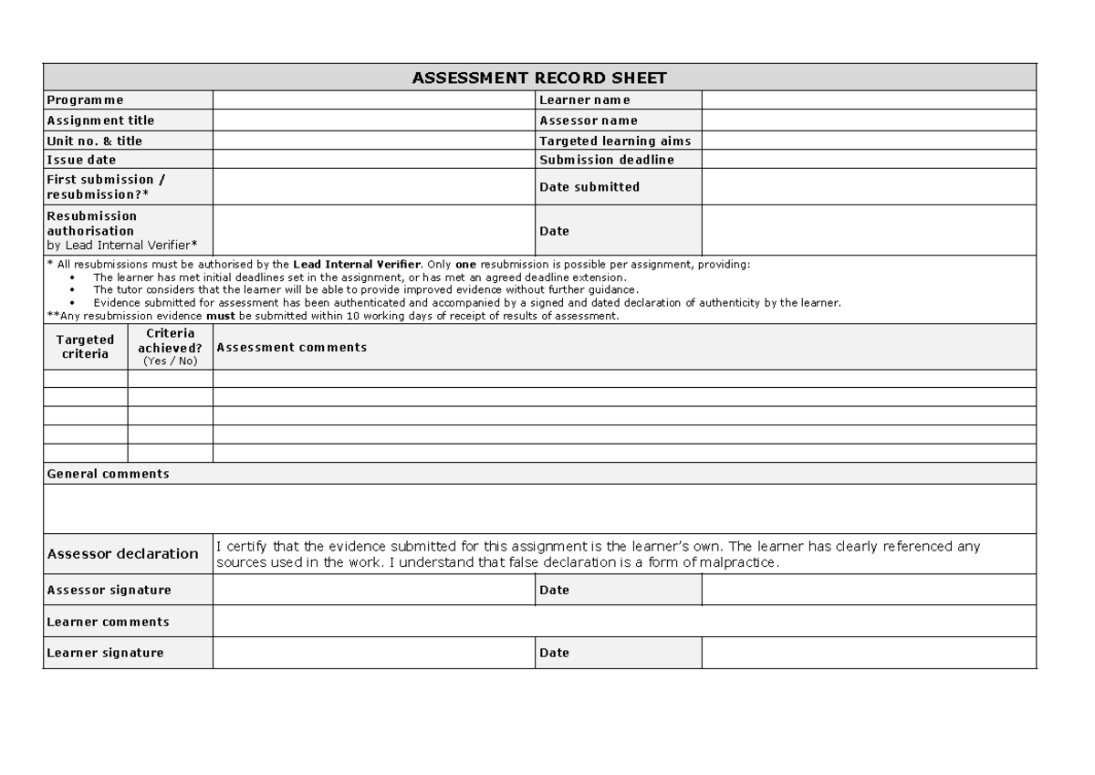 Assessment Record - ASSESSMENT RECORD SHEET Programme Learner name ...