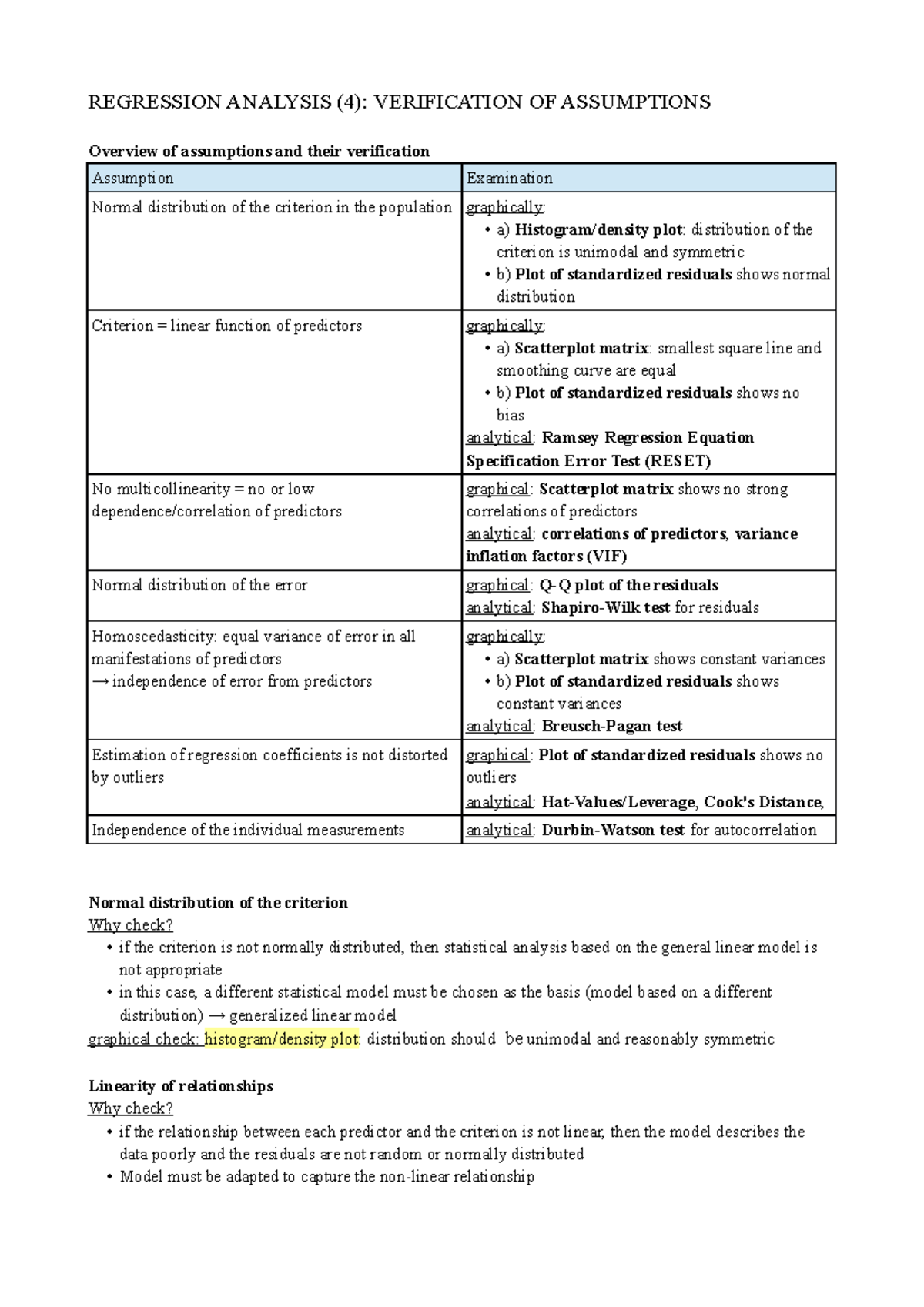 Statistics summary 18: Statistical assumptions - REGRESSION ANALYSIS (4 ...