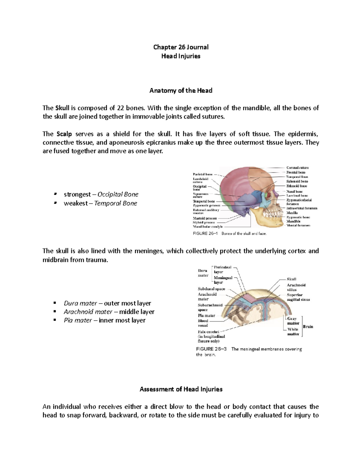 Chapter 26 Journal - n/a - Chapter 26 Journal Head Injuries Anatomy of ...