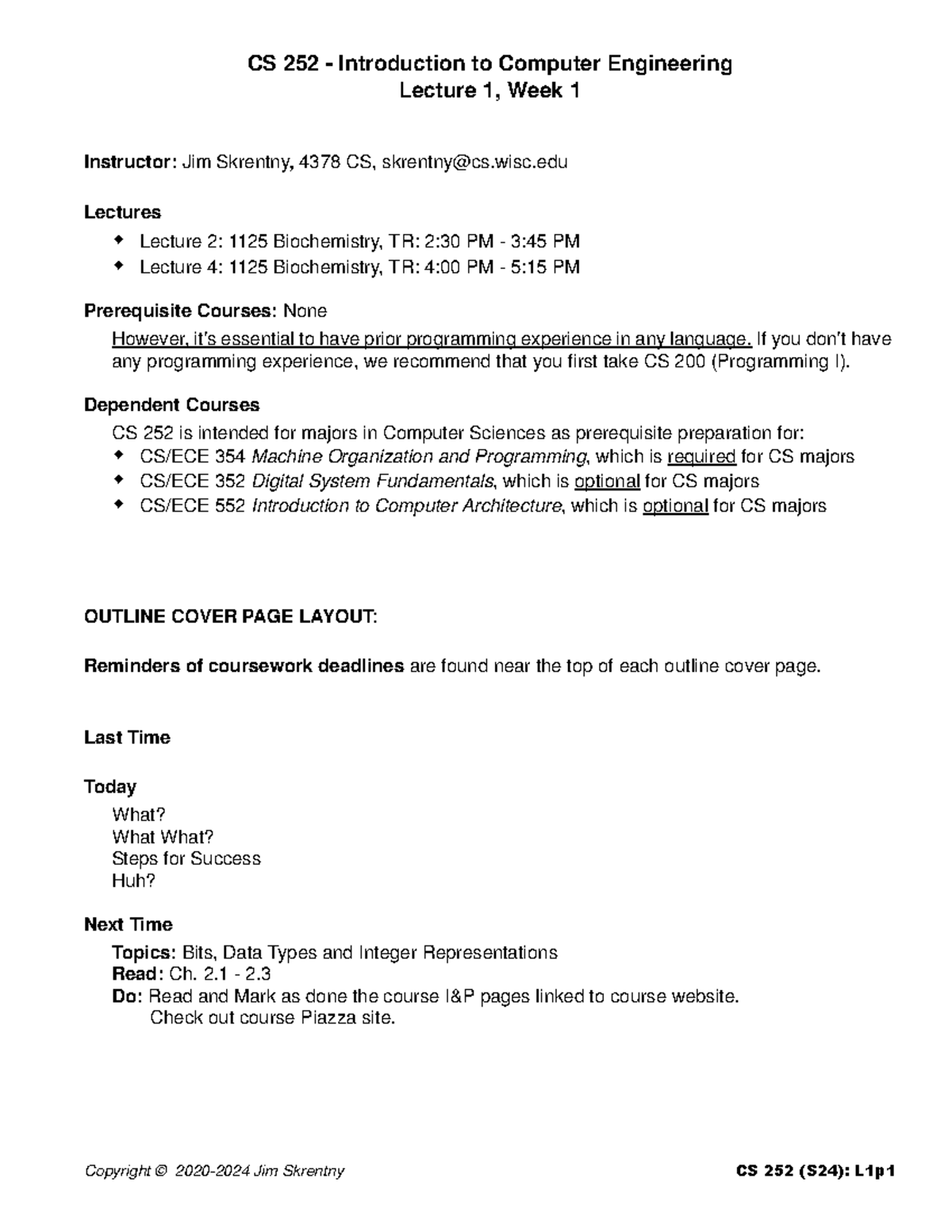 Outline L 1w1 - CS 252 - Introduction to Computer Engineering Lecture 1 ...