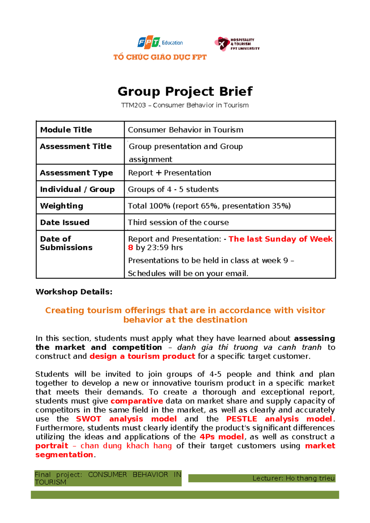 TTM203 - Final Project - Group Project Brief TTM203 – Consumer Behavior in Tourism Module Title ...