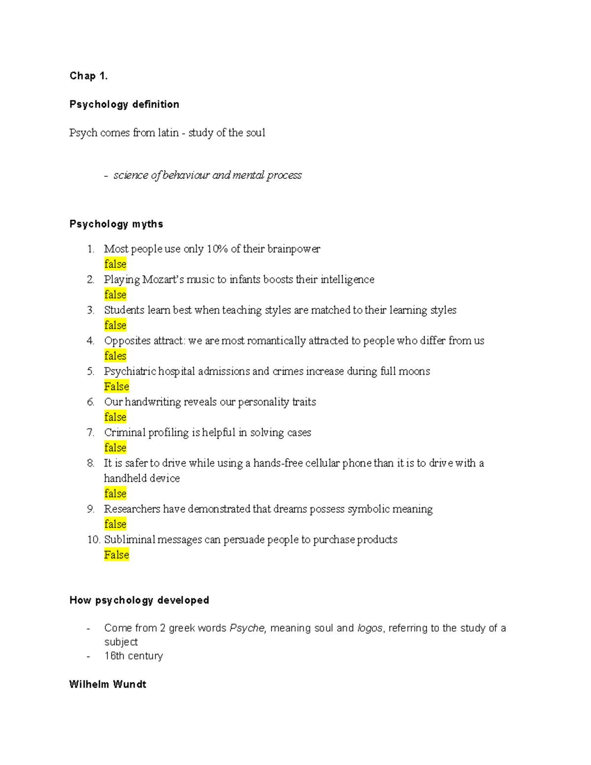 Quiz cheat sheet - Chap 1. Psychology definition Psych comes from latin ...