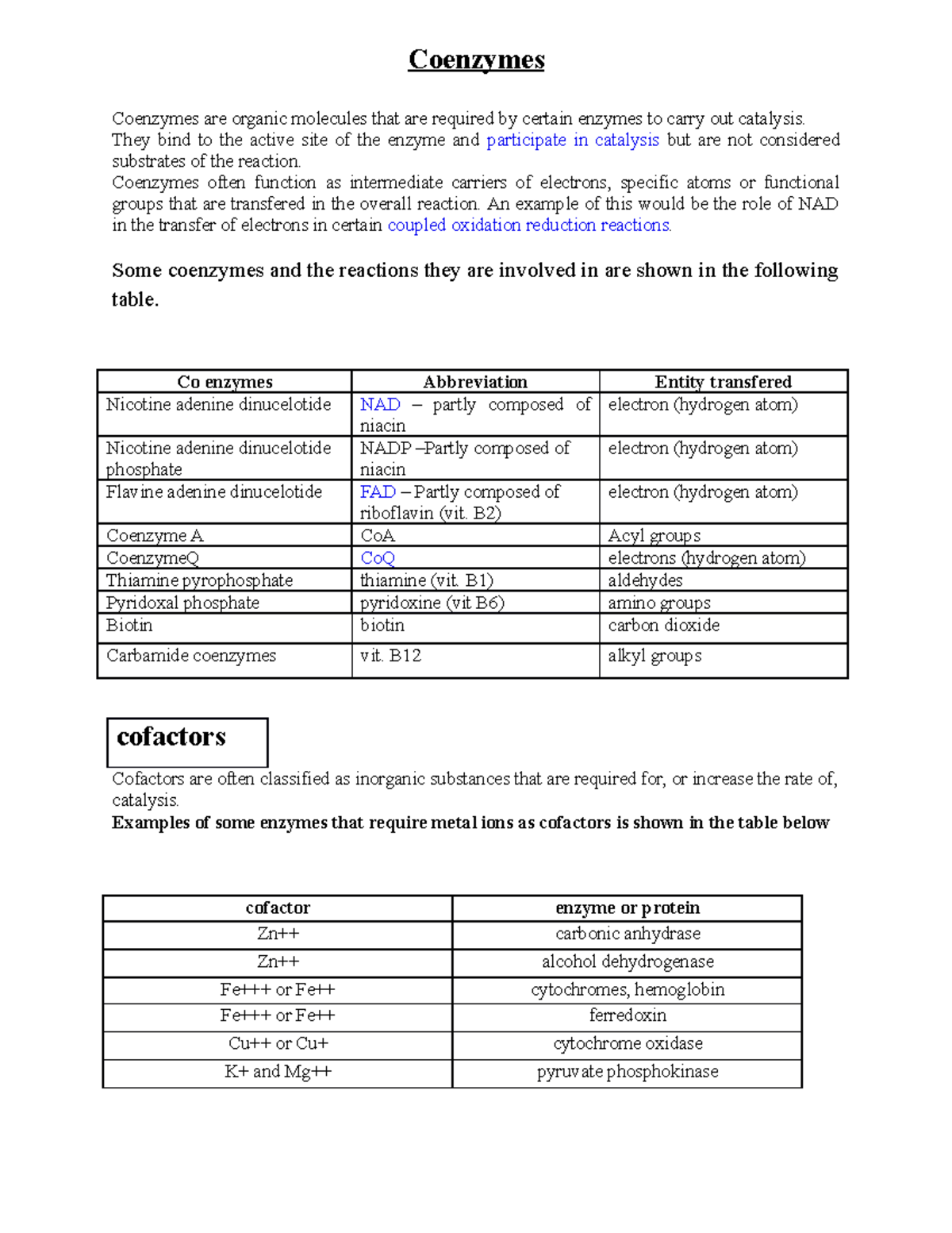 Co enzymes - lecture note - Coenzymes Coenzymes are organic molecules ...