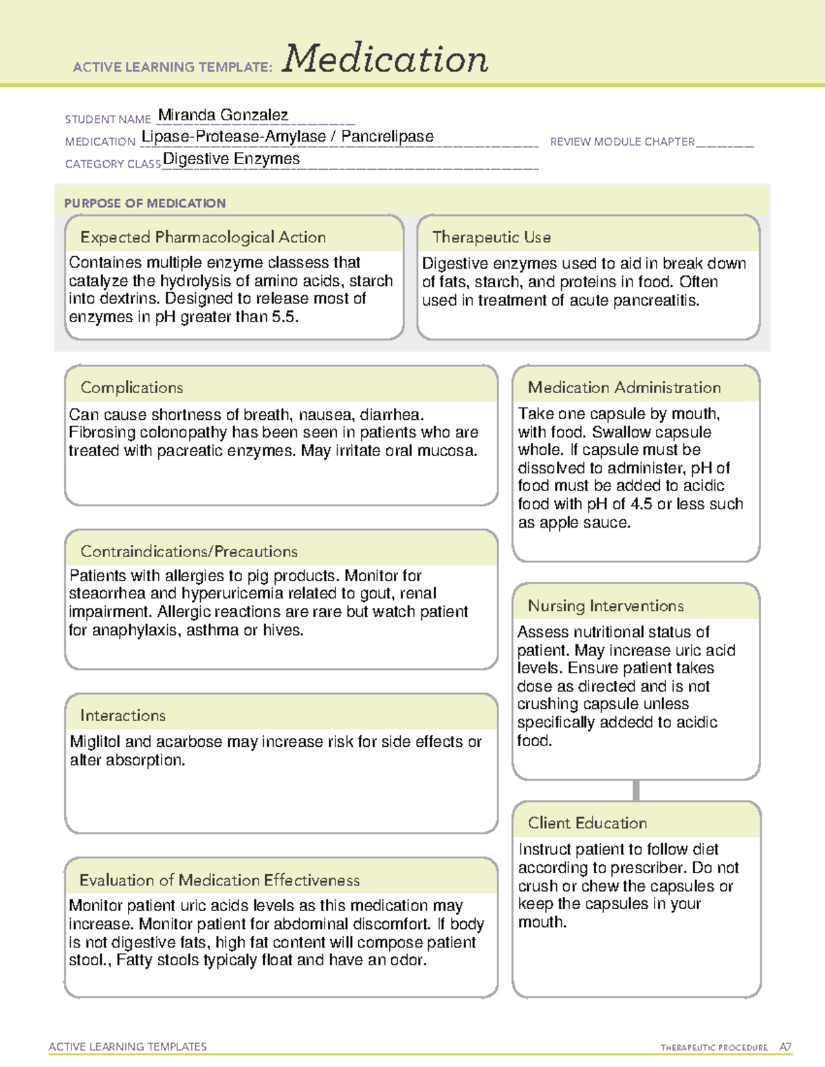 Lipase Amylase Drug Card - ACTIVE LEARNING TEMPLATES THERAPEUTIC ...