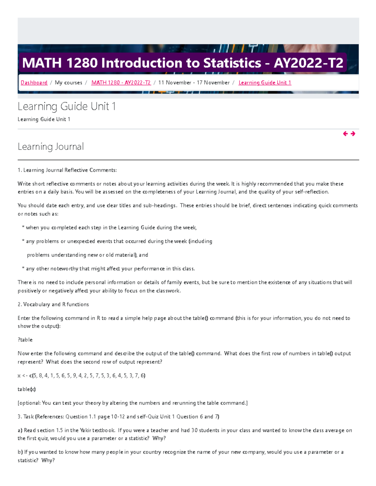 Learning Guide Unit 1 Learning Journal - MATH 1280 Introduction to ...
