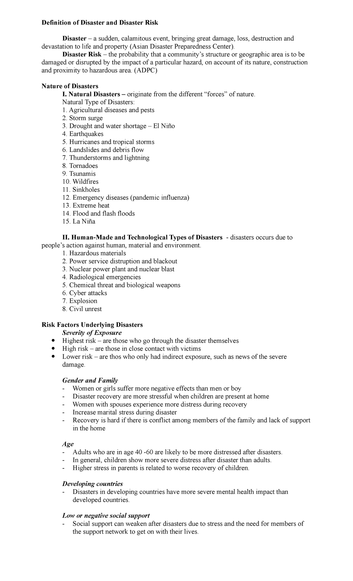 Lecture DRRR - Definition of Disaster and Disaster Risk Disaster – a ...