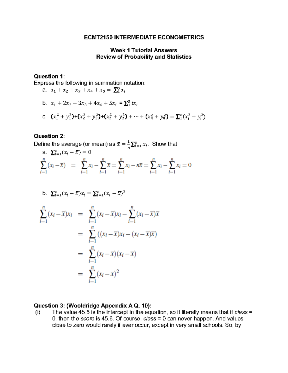 Week 1 Tutorial Answers - ECMT2150 INTERMEDIATE ECONOMETRICS Week 1 Tutorial Answers Review of ...