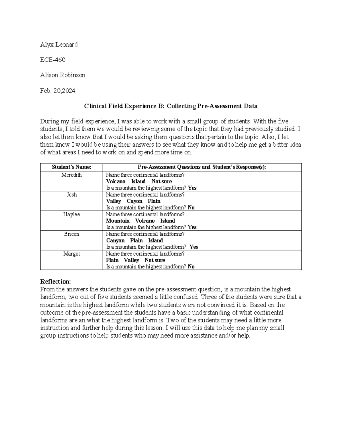 Clinical Field Experience B-Collecting Pre-Assessment Data - Alyx ...