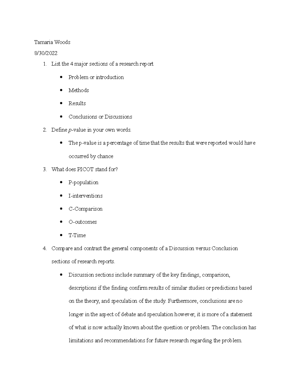 403 Homework 2 - CONCEPT MAP - Tamaria Woods 8/30/ 1. List the 4 major ...