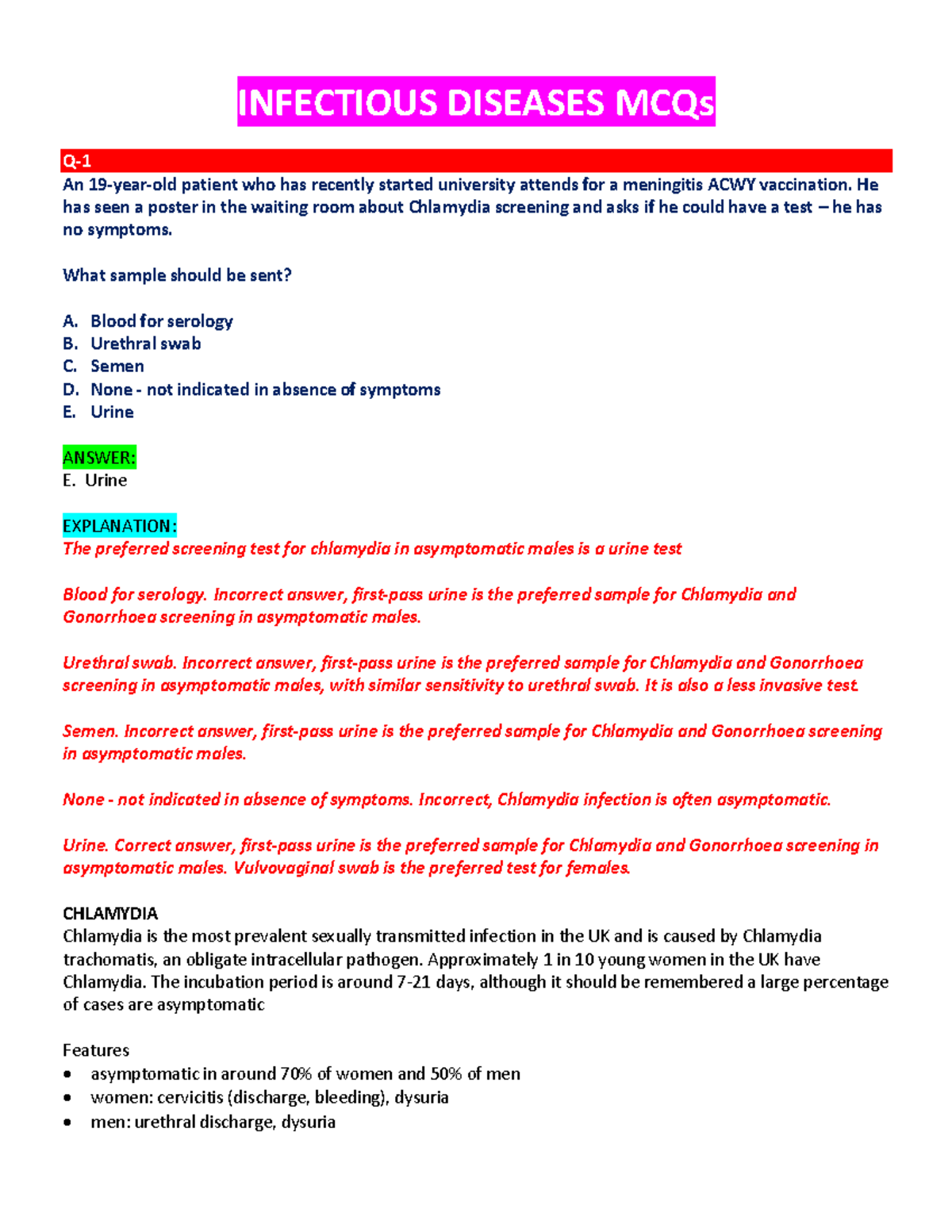 Passmedicine MCQs- Infectious Diseases - INFECTIOUS DISEASES MCQs Q- An ...