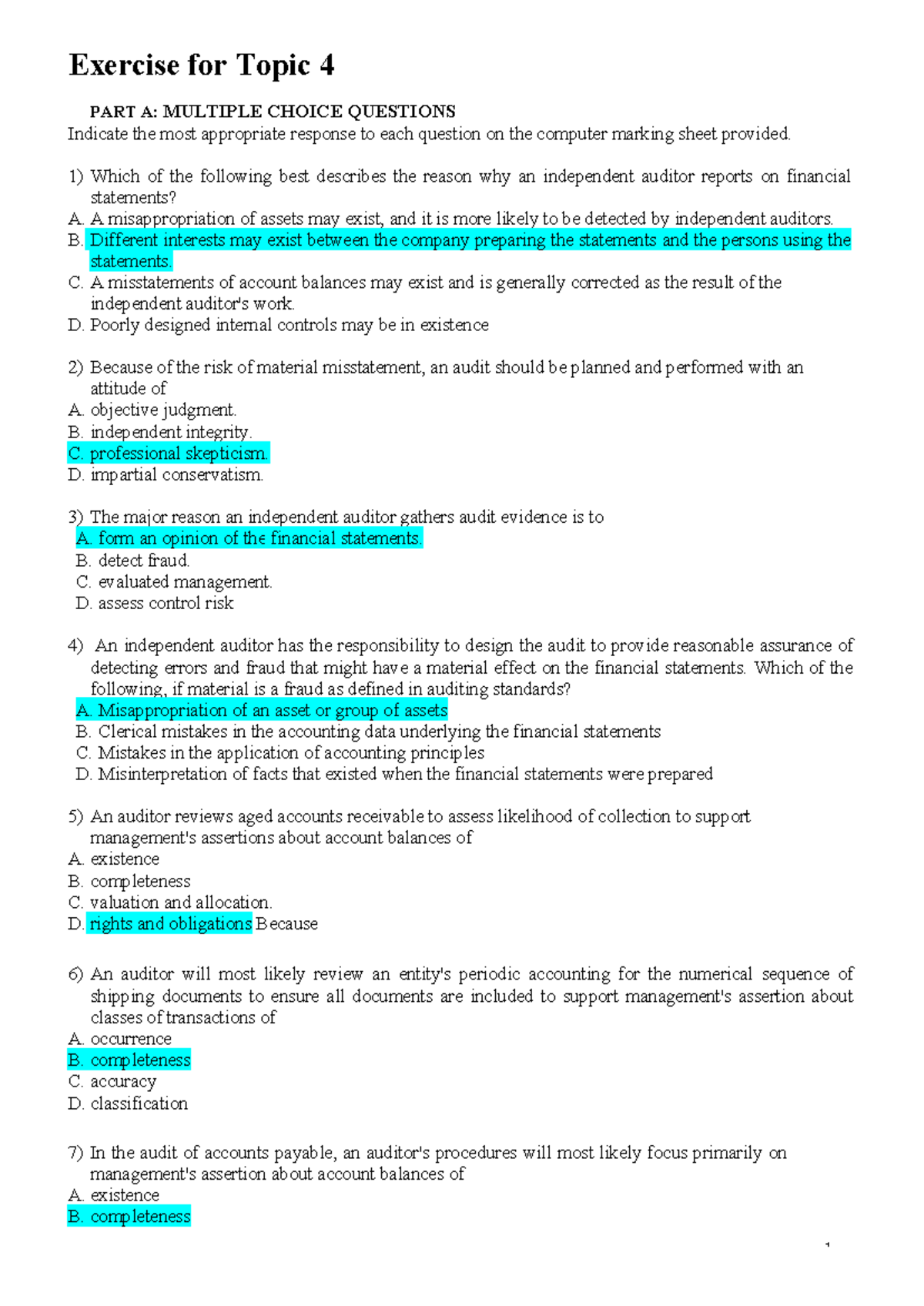 Exercises for Topic 4 - đáp án - Exercise for Topic 4 PART A: MULTIPLE ...