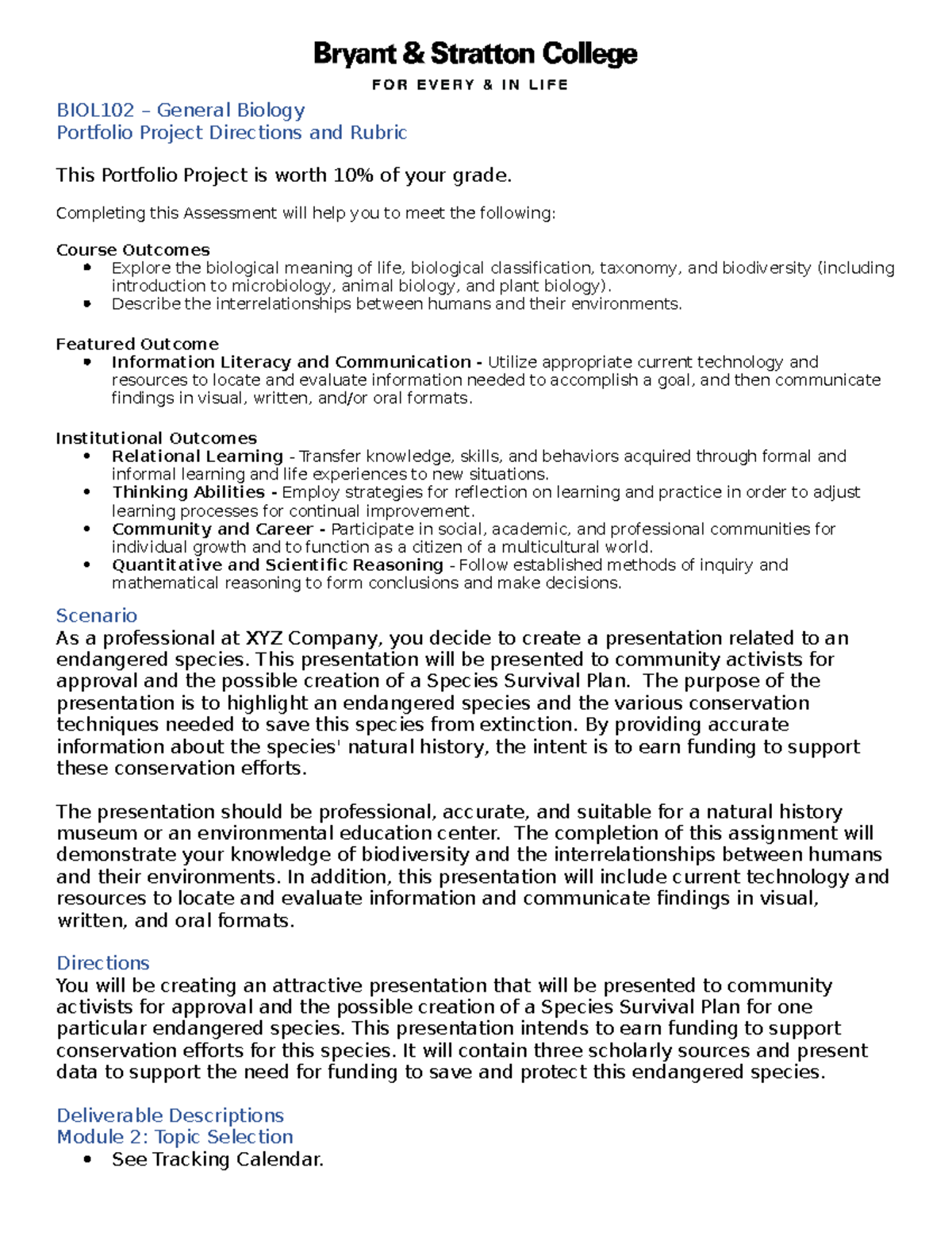 BIOL102 - Portfolio Project Directions and Rubric 2 - BIOL102 – General ...