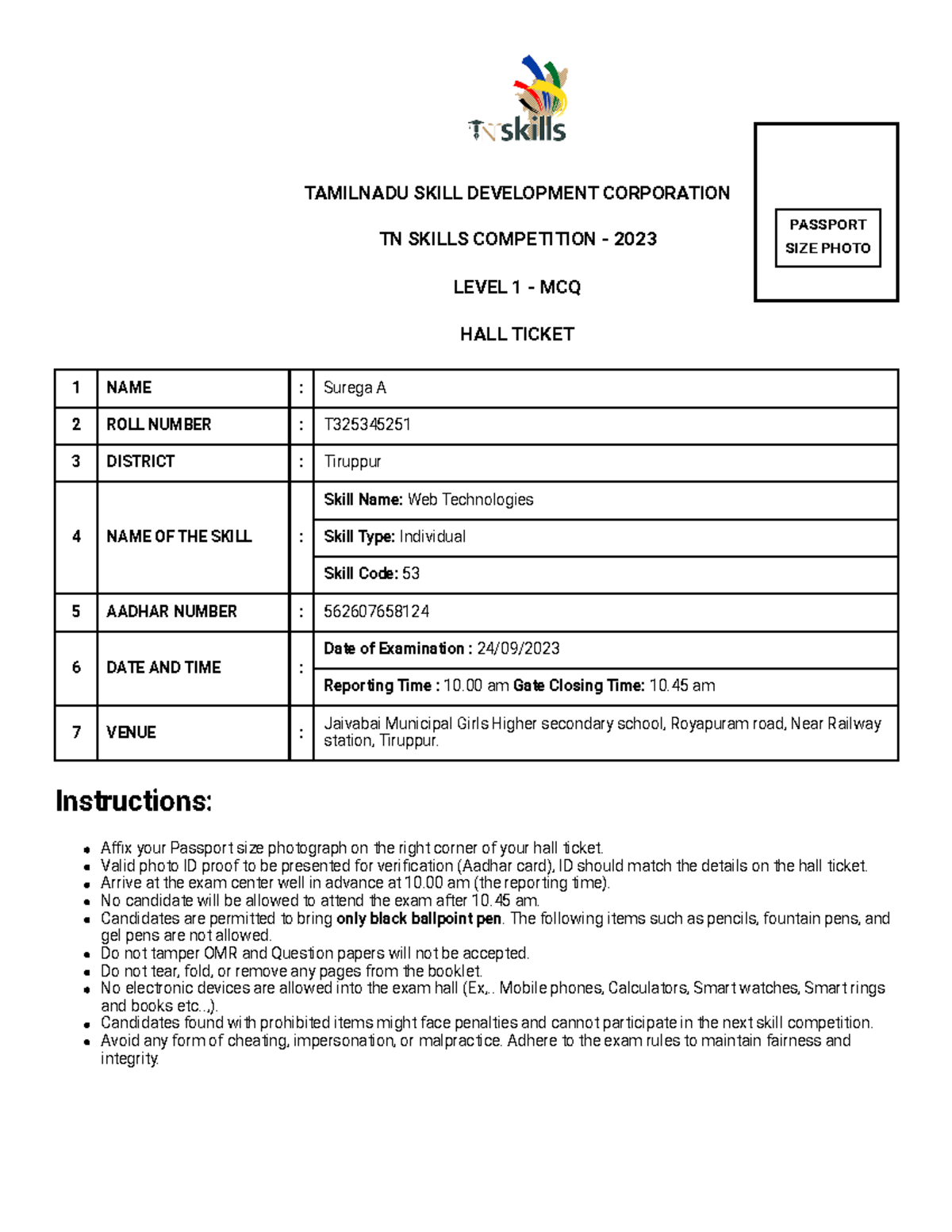 TNEA skills - Nyb - TAMILNADU SKILL DEVELOPMENT CORPORATION TN SKILLS COMPETITION - 2023 LEVEL 1 ...