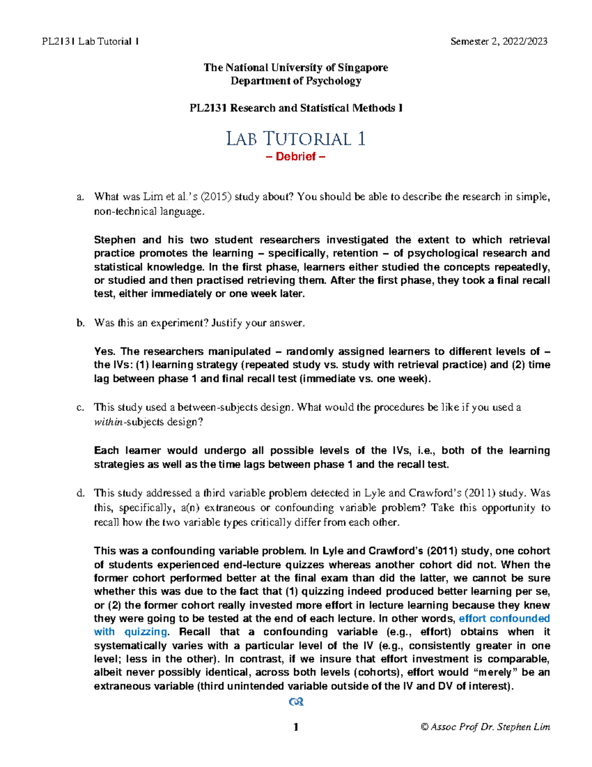 PL2131 Lab Tutorial 1 Handout—Debrief - PL2131 Lab Tutorial 1 Semester ...
