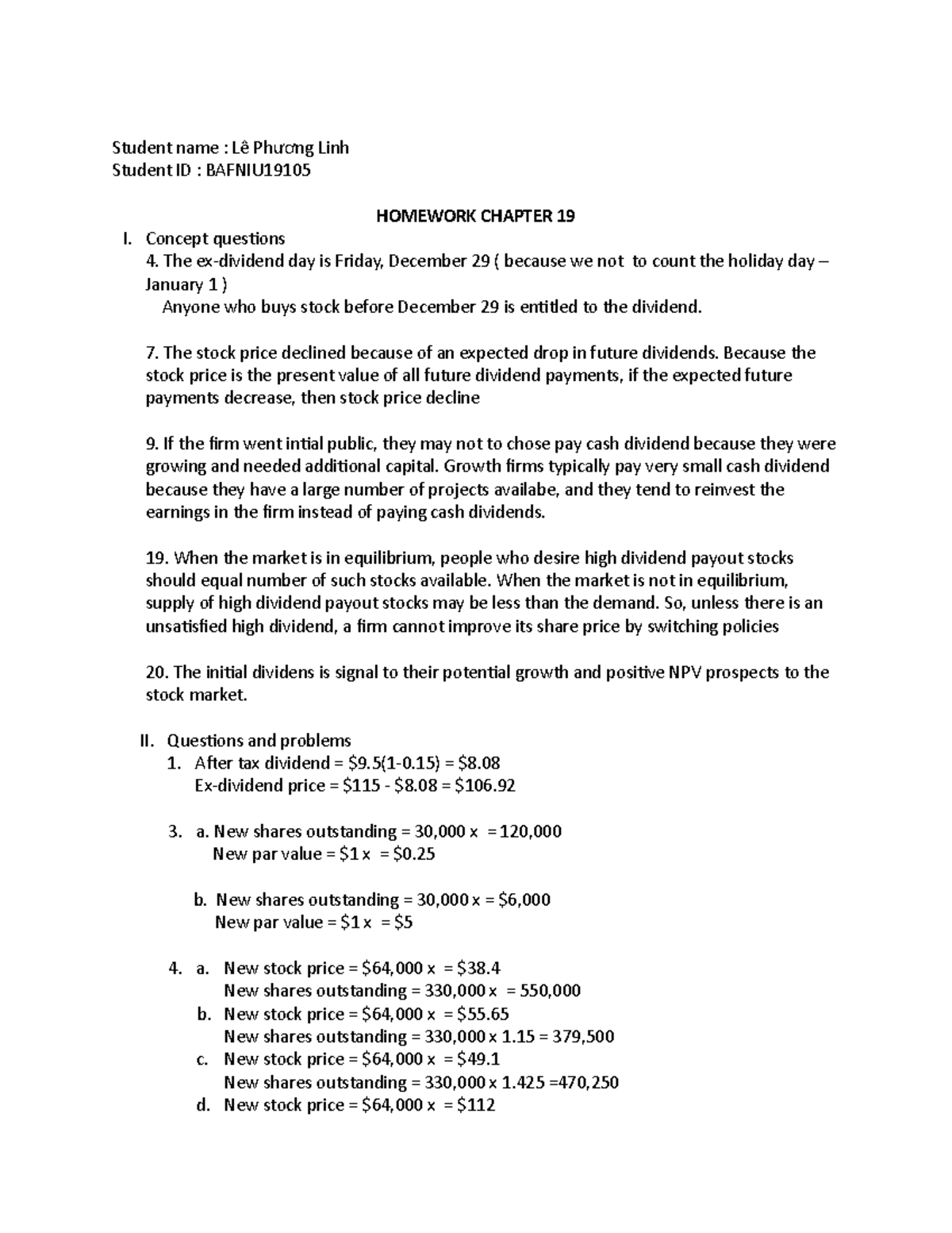 CF-CHAP-19 - CF homework - Student name : Lê Ph ương Linh Student ID : BAFNIU HOMEWORK CHAPTER ...