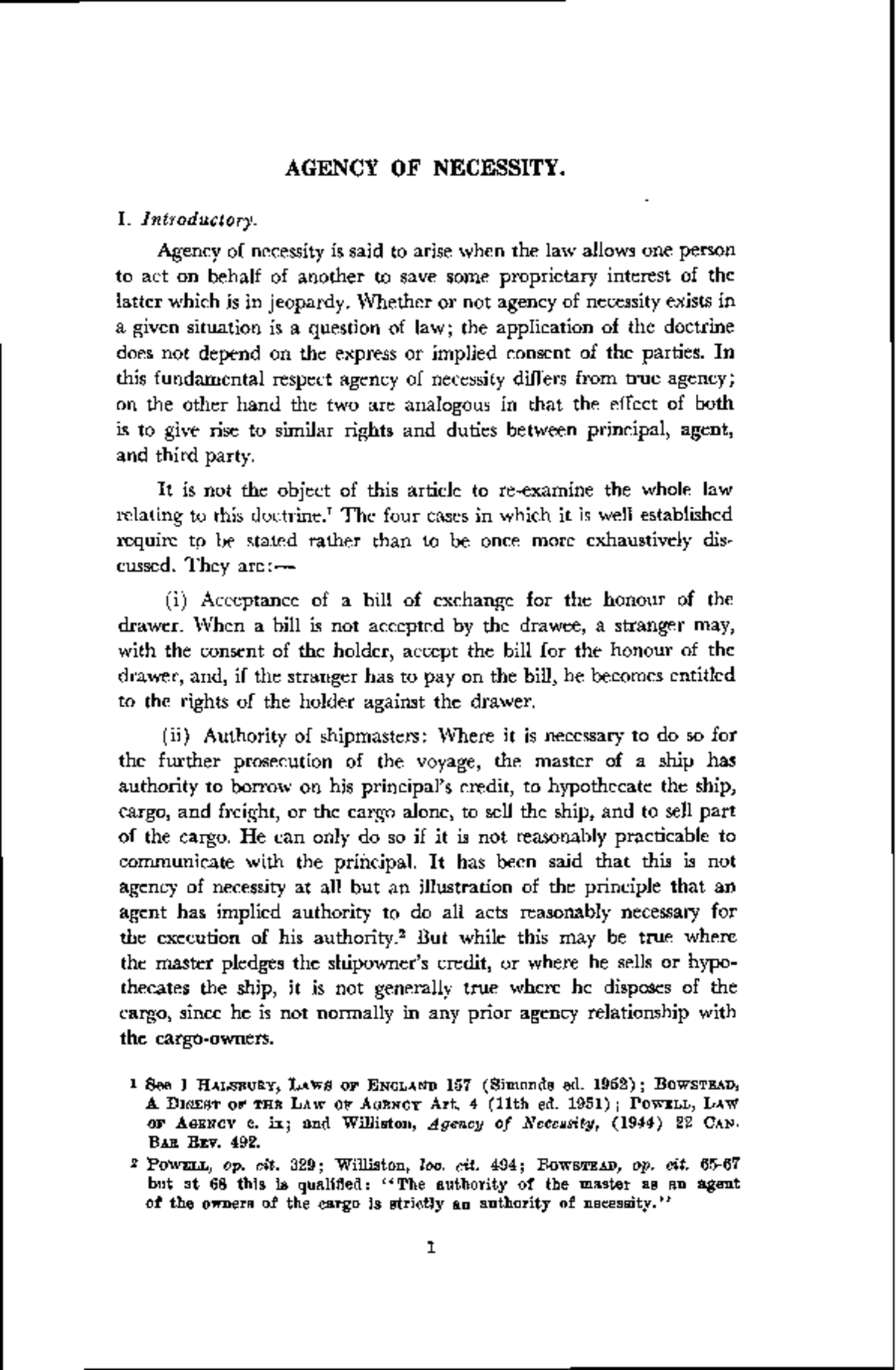 Agency OF Necessity G.H. Treitel - AGENCY OF NECESSITY. I. Introductory ...