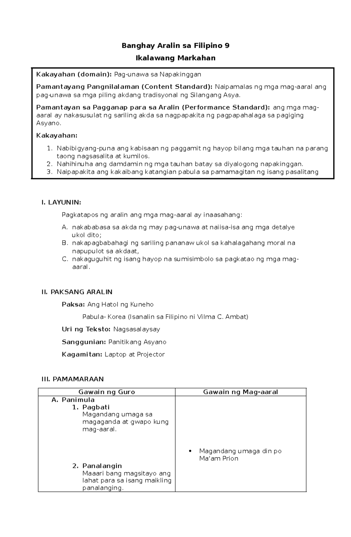 Lilian - Banghay Aralin sa Filipino 9 Ikalawang Markahan I. LAYUNIN ...
