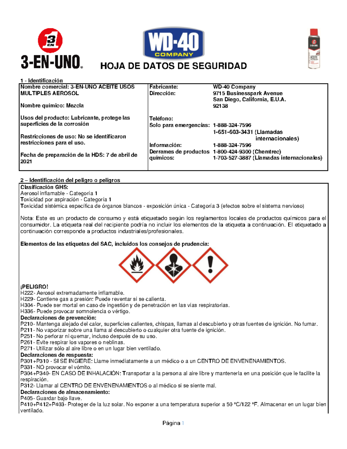 1. WD - 40 3 EN 1 - FDS PRODUCTO QUIMICO - HOJA DE DATOS DE SEGURIDAD 1 ...
