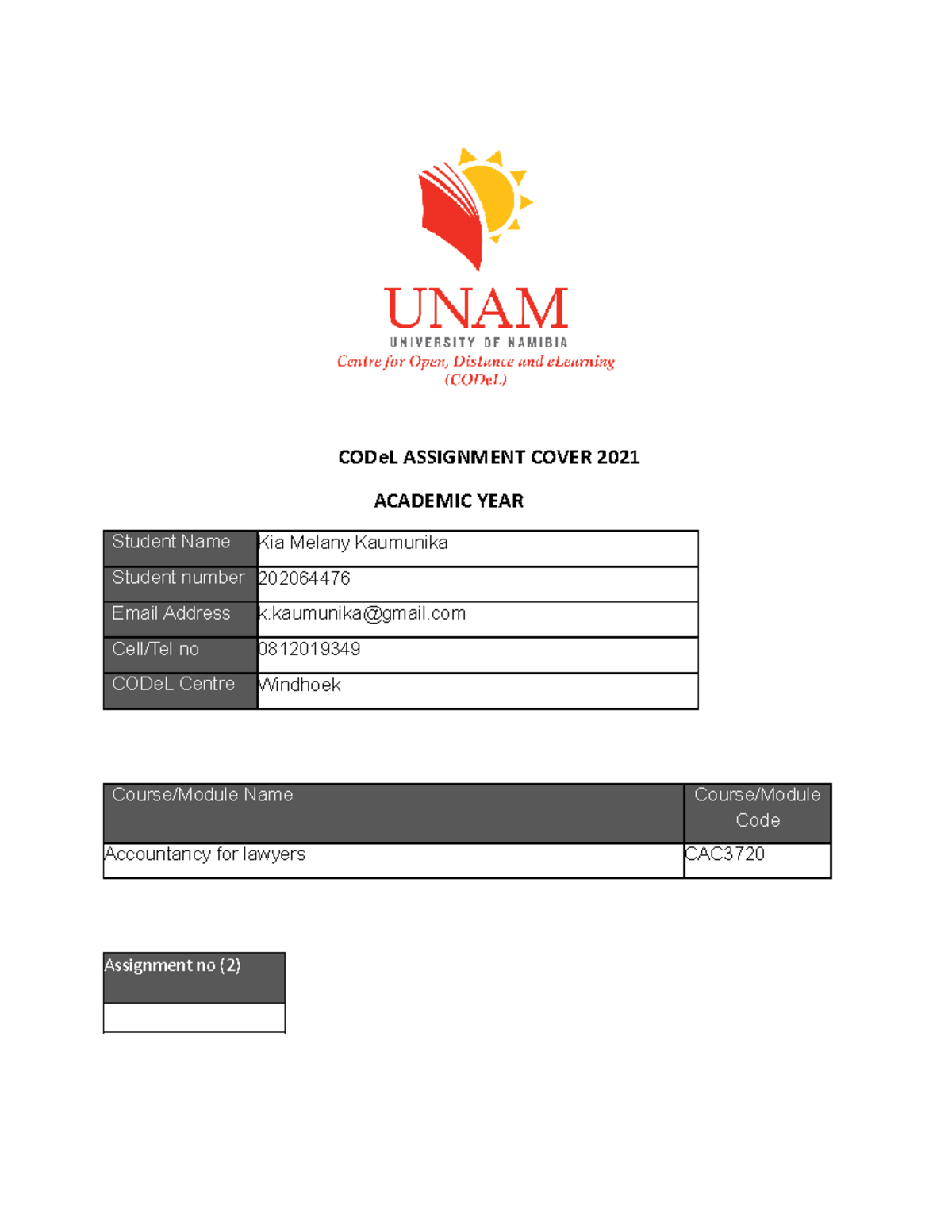 Accountancy for lawyers ass2 - Assignment no (2) CODeL ASSIGNMENT COVER ...