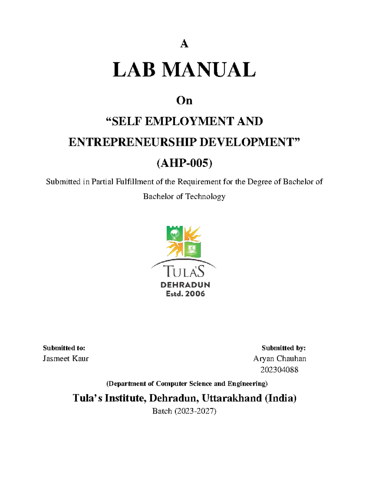 SELF Employment LAB - lab - A LAB MANUAL On “SELF EMPLOYMENT AND ...