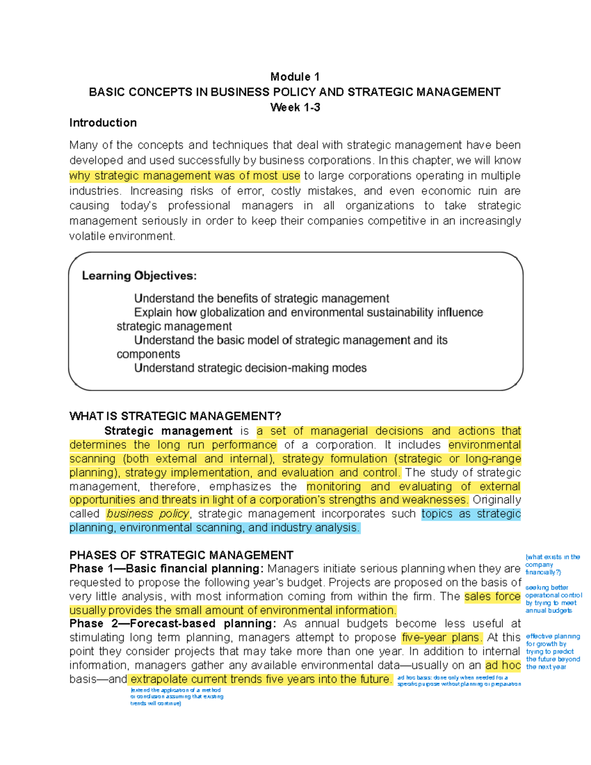 Strat Man (MGT 406)- Module 1 (Weeks 1-3) - Module 1 BASIC CONCEPTS IN BUSINESS POLICY AND ...