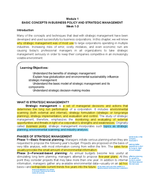 Strat Man (MGT 406)- Module 3 (Weeks 6-7) - Module 3 STRATEGY FORMULATION Week 6- Introduction ...