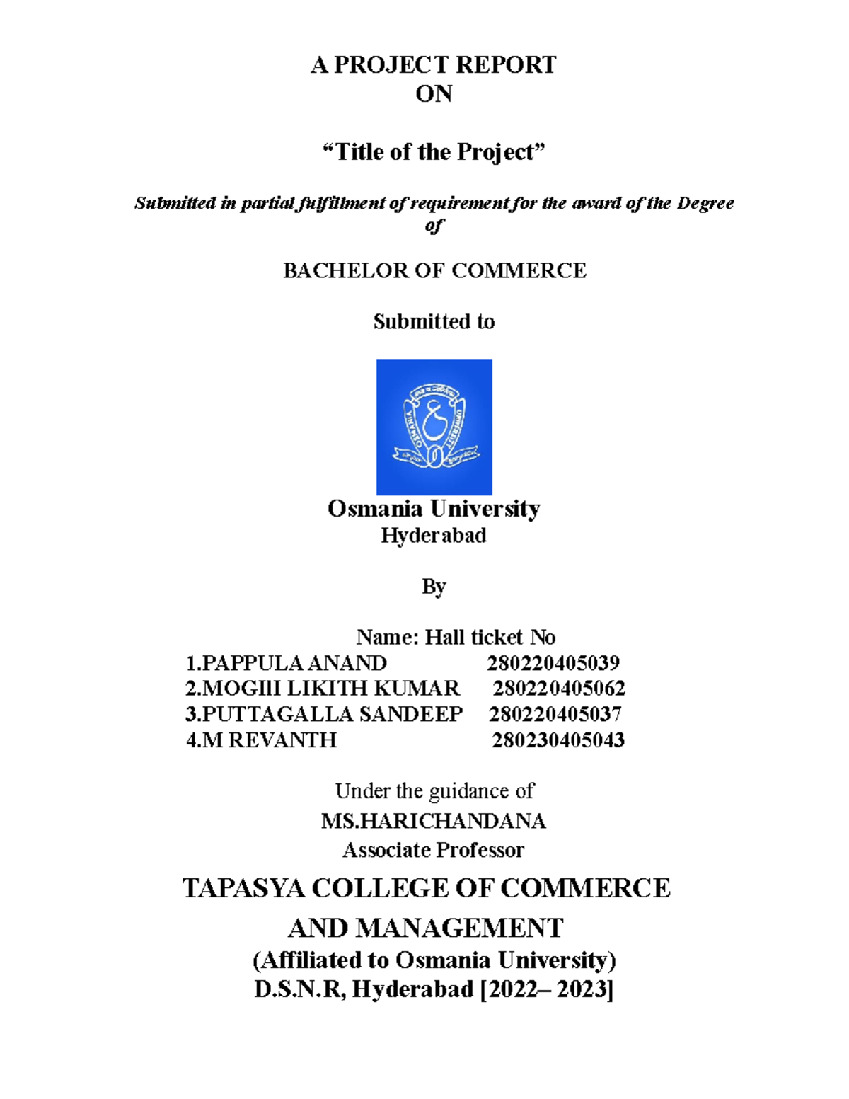 B.COM Project Front Pages 3 Anand - A PROJECT REPORT ON “Title of the Project” Submitted in ...