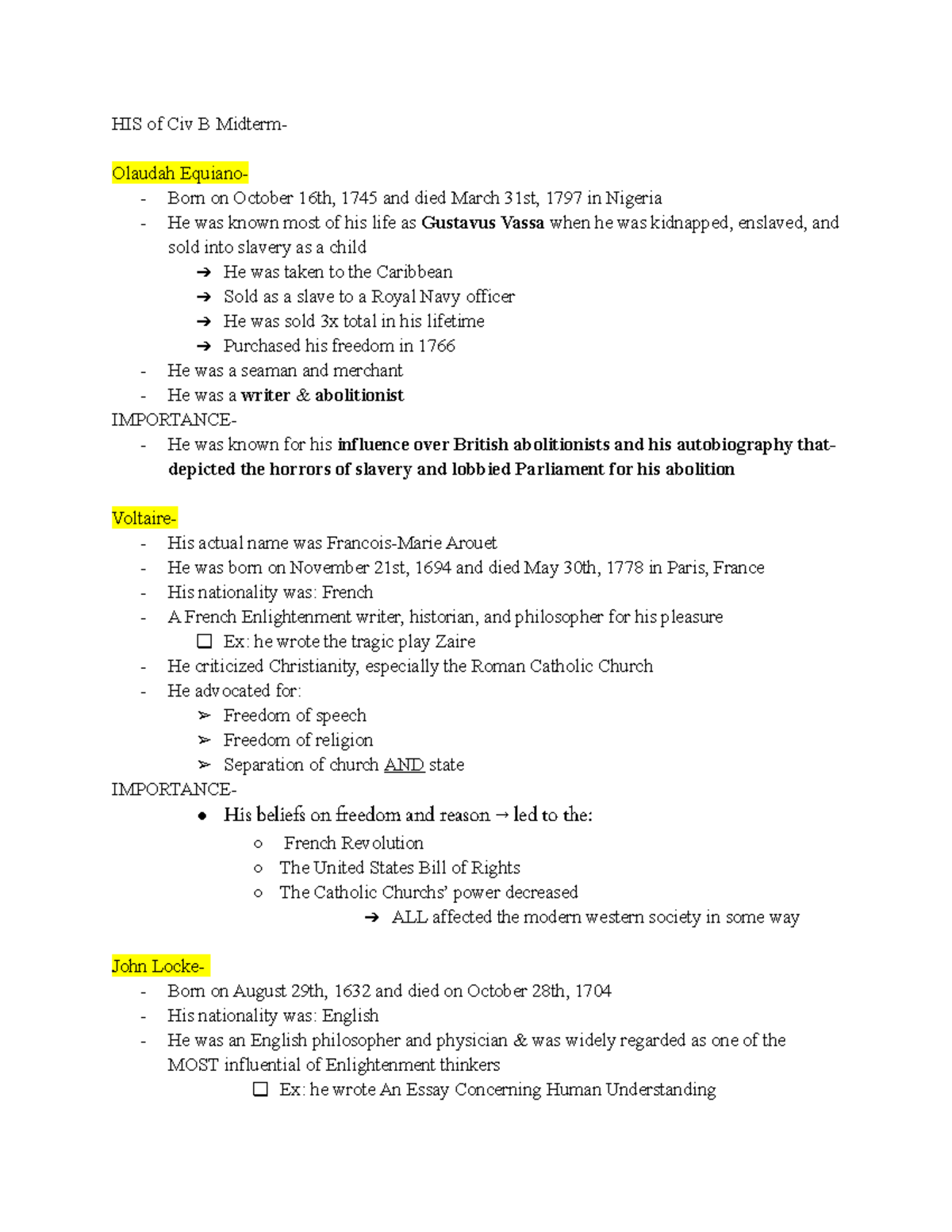 HIS of Civ B Midterm - HIS of Civ B Midterm- Olaudah Equiano- Born on ...