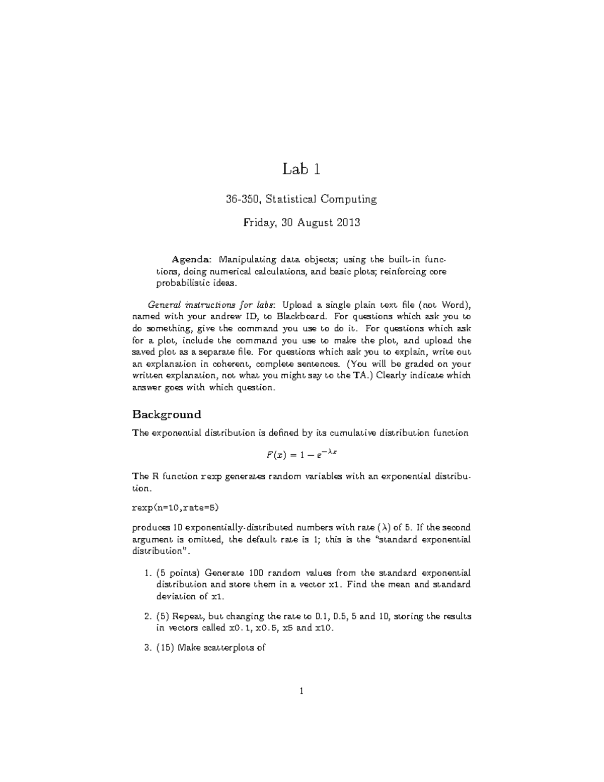 Lab 1 Till 11 Statistical Computing - Lab 1 36-350, Statistical ...