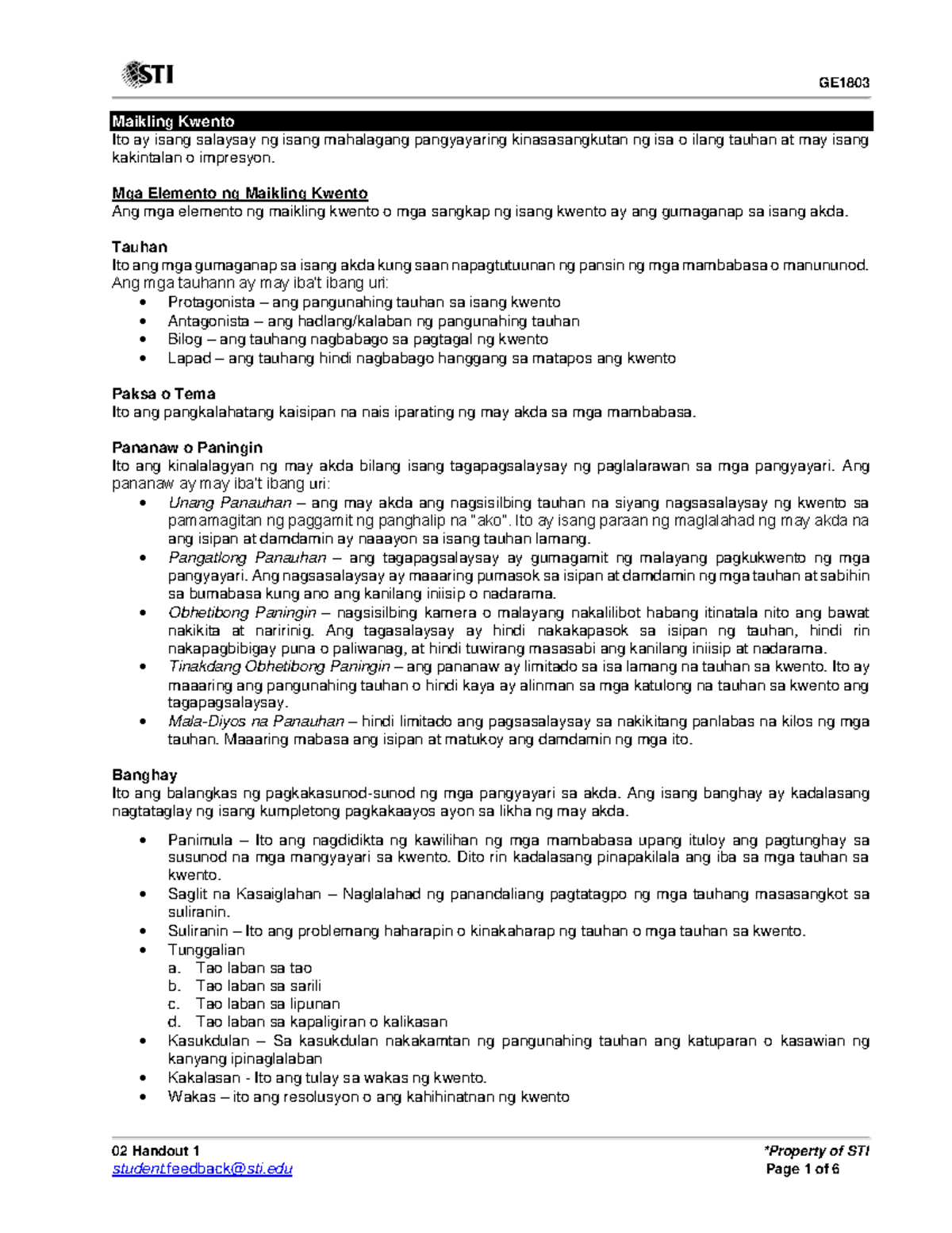 Maikling Kuwento Midterm 02 Handout 1 Property Of Sti Maikling 5889