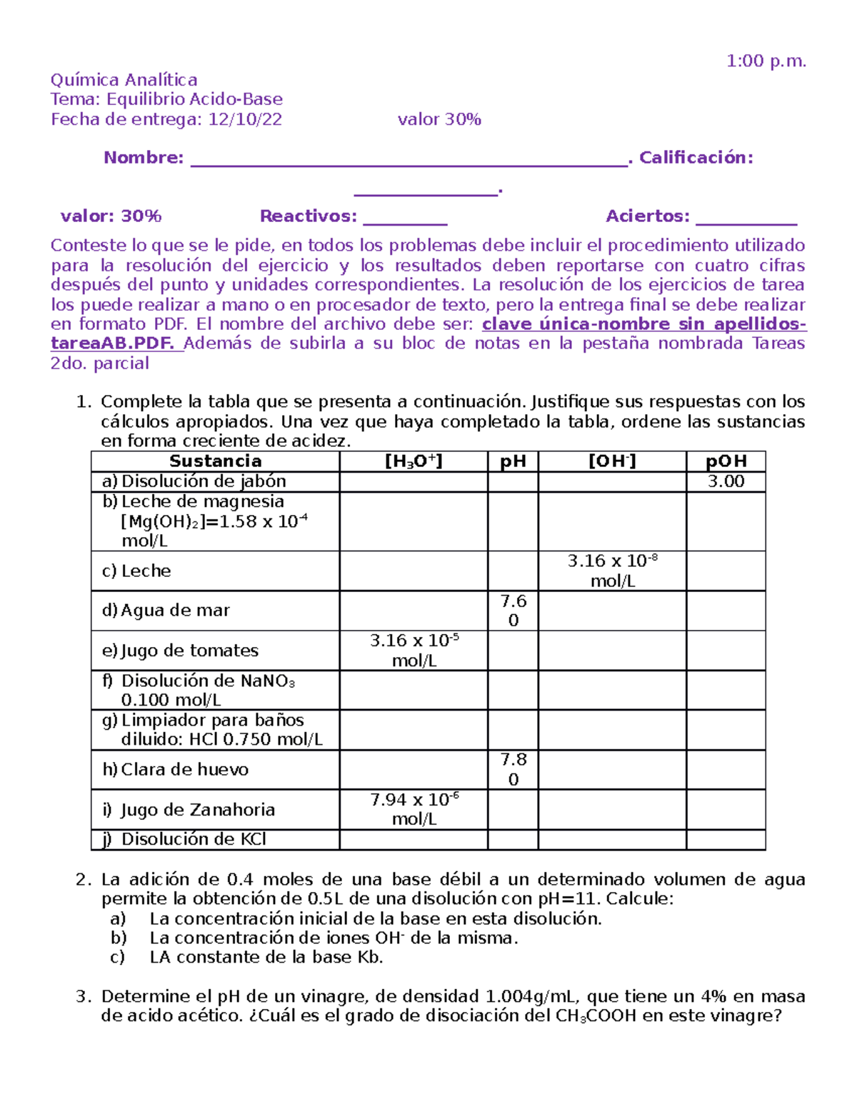 Qaing 1PM Tarea 2 V3 - Xochitl - 1:00 p. Química Analítica Tema ...