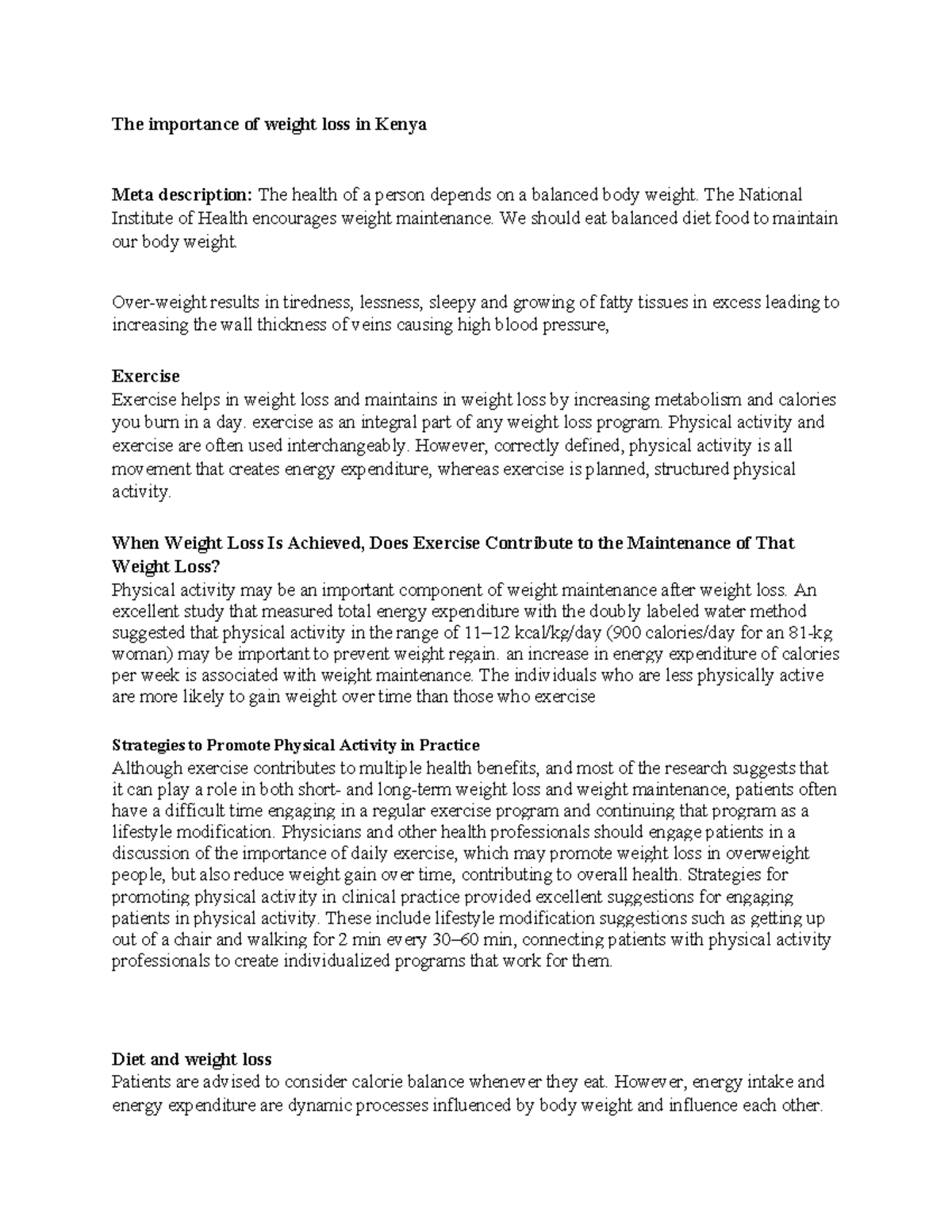 The importance of weight loss in Kenya - The National Institute of ...