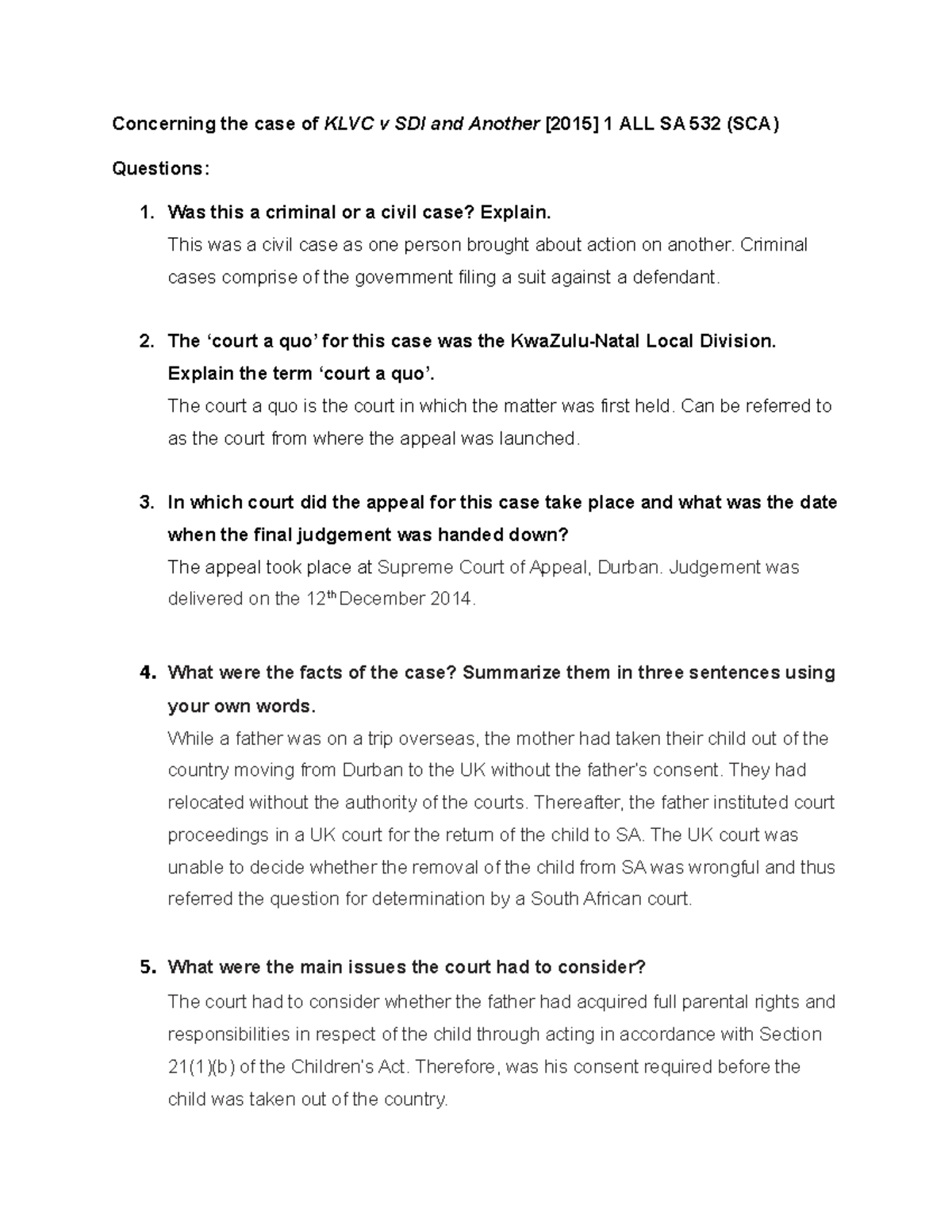 Questions answering KLVC v SDI - Wits University - Studocu