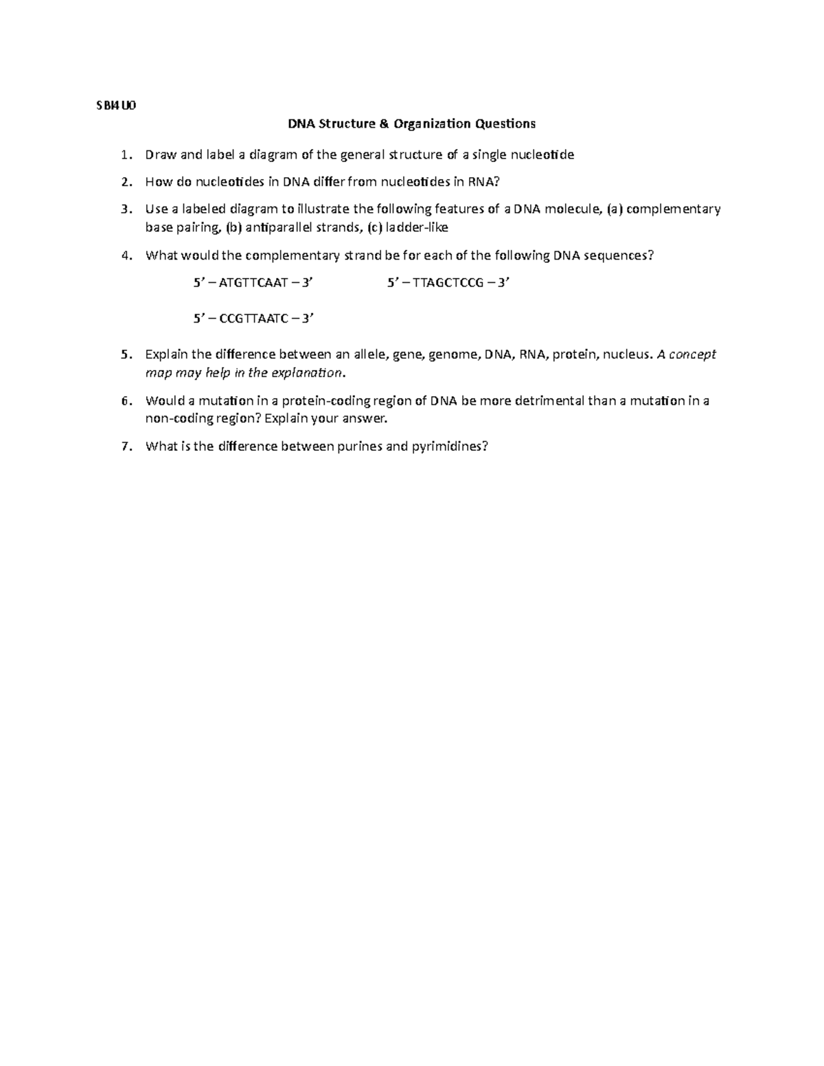 1. DNA Structure Questions - SBI4U DNA Structure & Organization ...