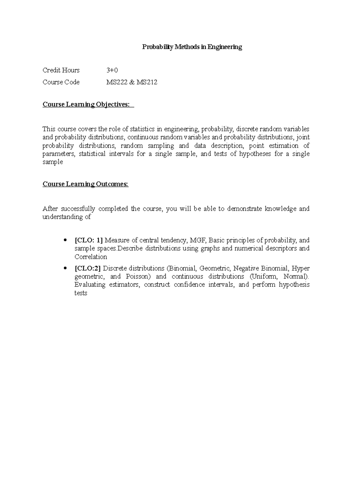Probabilty & Statistics - Outline - Probability Methods in Engineering ...