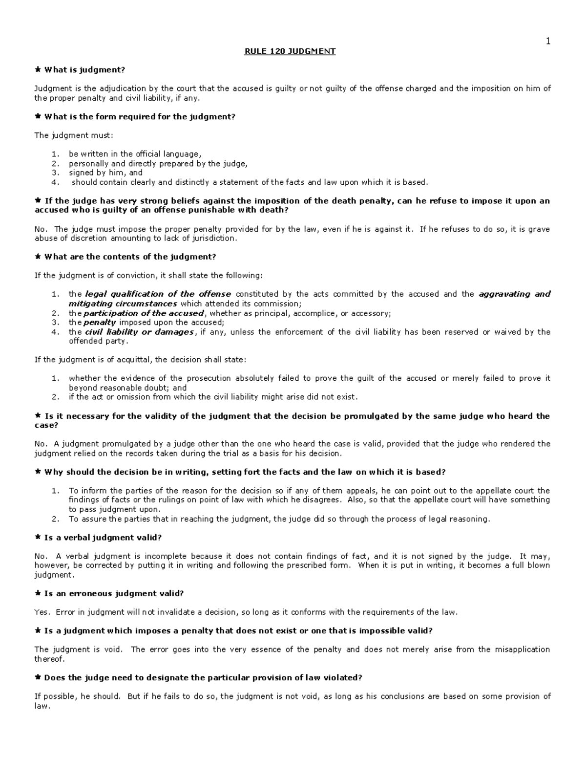 RULE-120-126 - Notes - RULE 120 JUDGMENT What is judgment? Judgment is ...