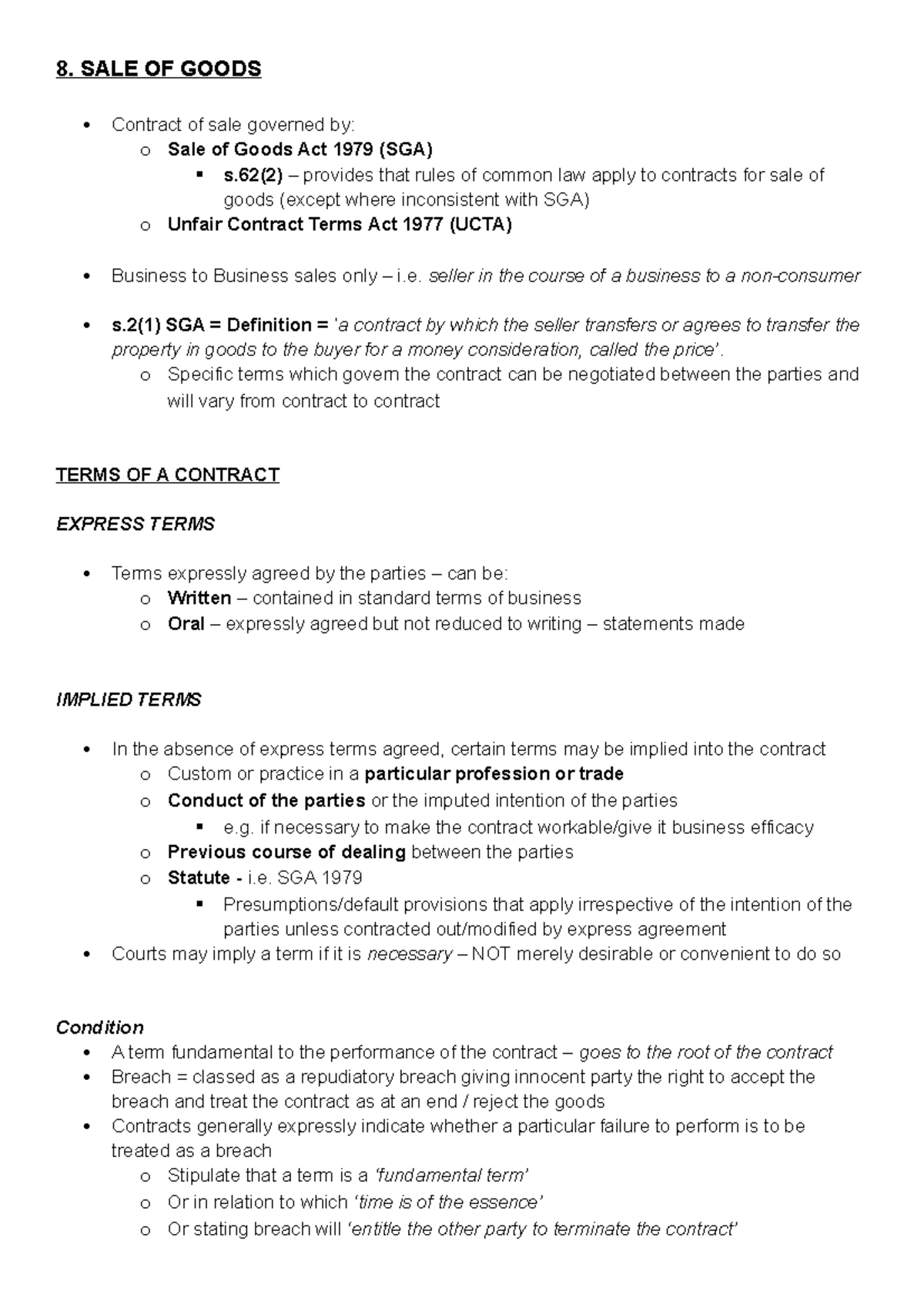 8 Sale of Goods - 8. SALE OF GOODS Contract of sale governed by: o Sale ...
