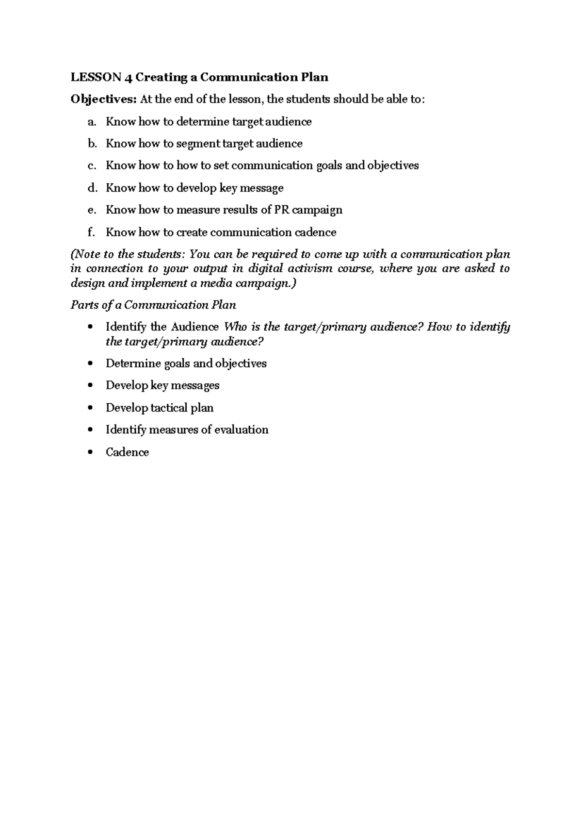 Lesson 4 Creating a Communication Plan - LESSON 4 Creating a ...