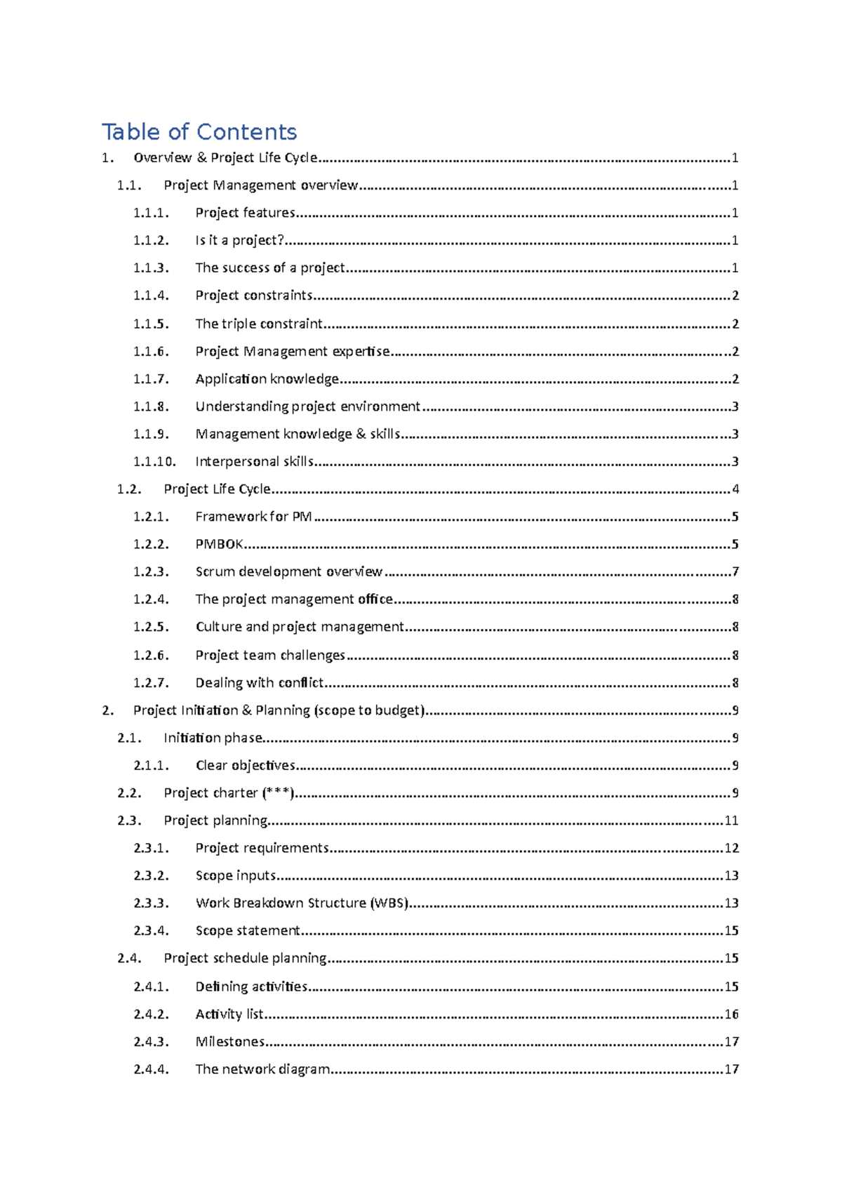 Project Management Advanced - Table of Contents Overview & Project Life ...