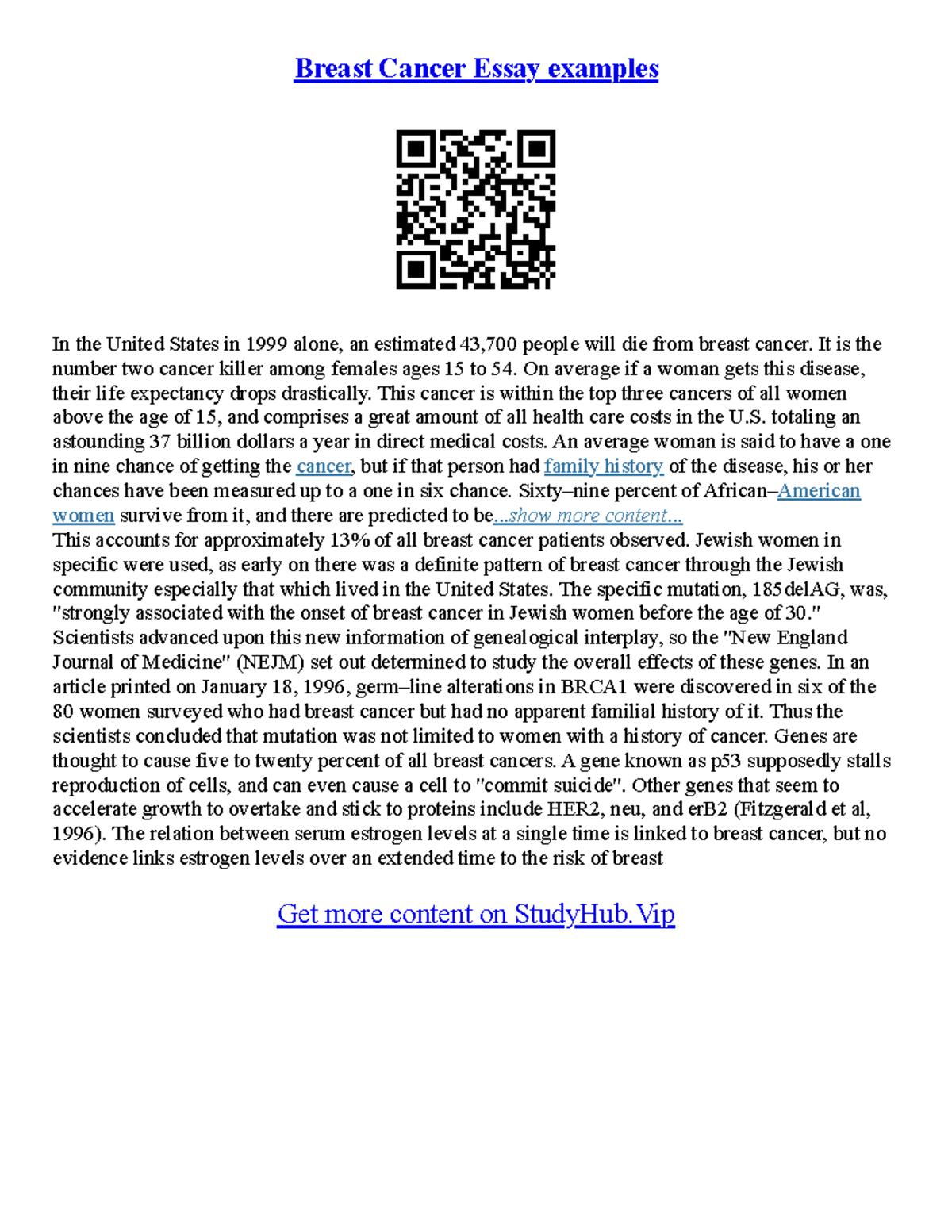 Essay On Breast Cancer - Breast Cancer Essay examples In the United ...
