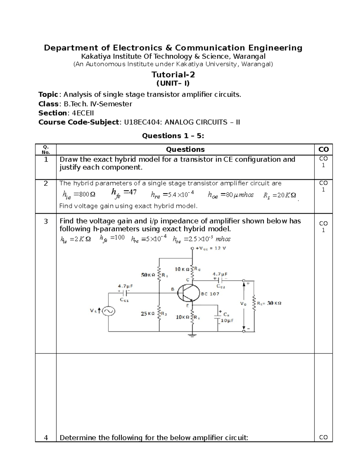 T 2(tutorial 2) QP(unit1)(AC II)(2022 23) - Department of Electronics & Communication - Studocu
