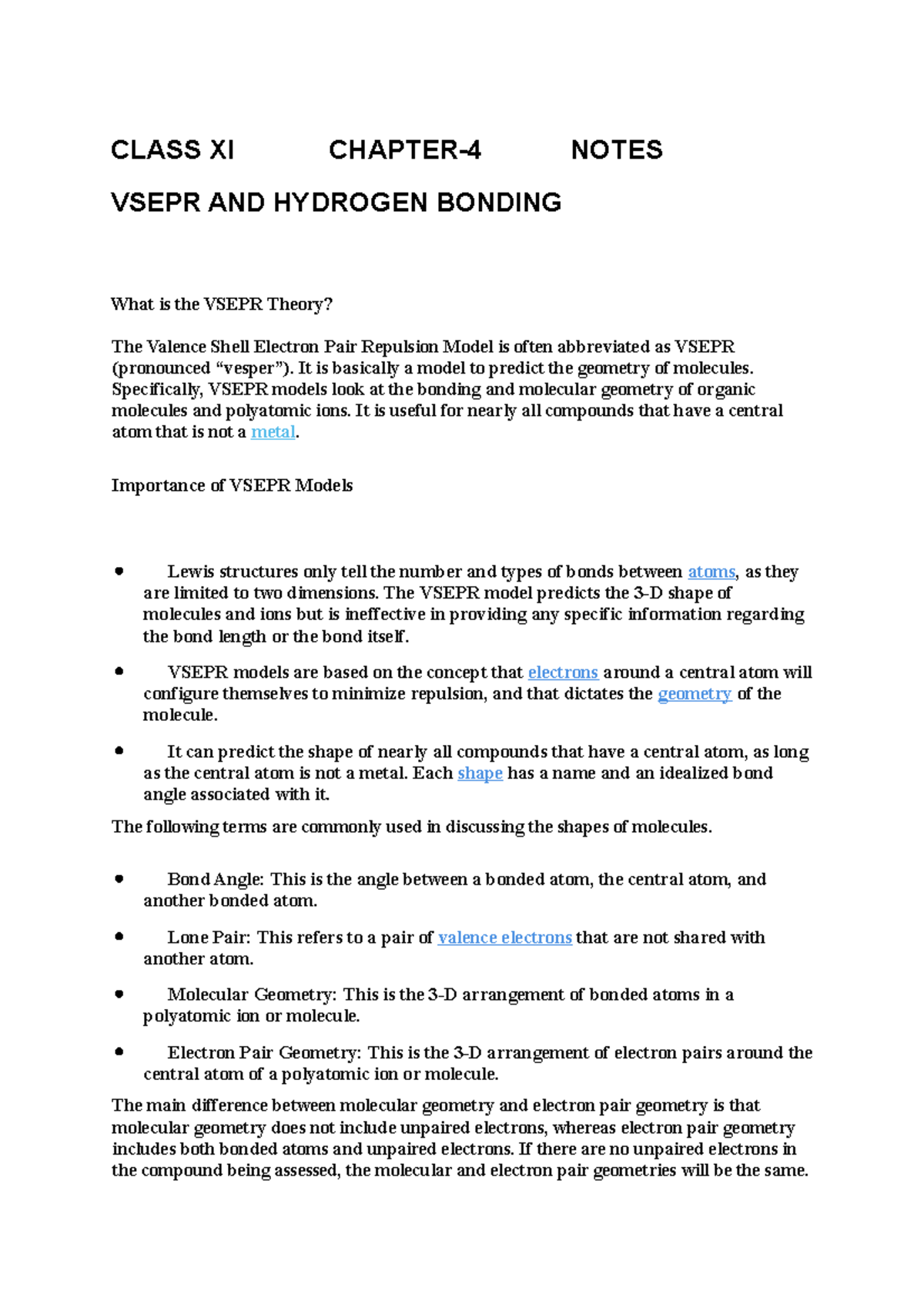 vsepr Theory chemistry - CLASS XI CHAPTER-4 NOTES VSEPR AND HYDROGEN ...