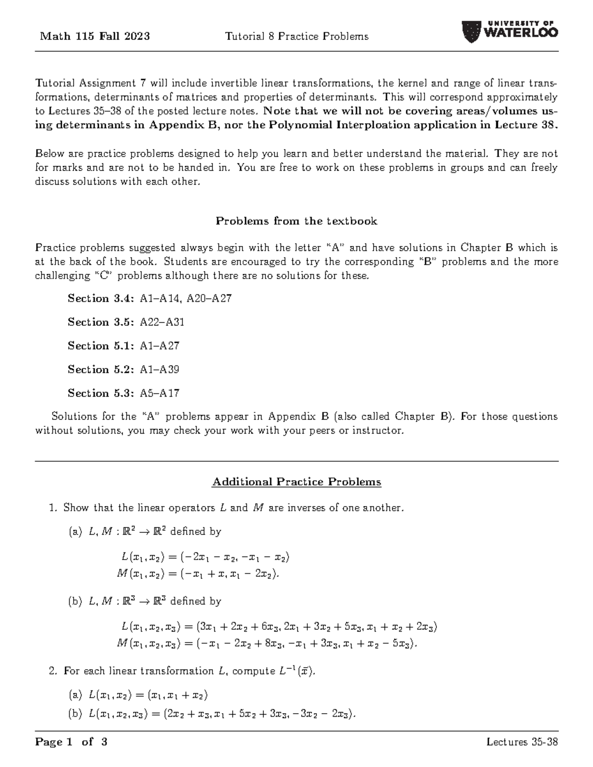 Math 115 F23 Tut8 Practice - Math 115 Fall 2023 Tutorial 8 Practice Problems Tutorial Assignment ...