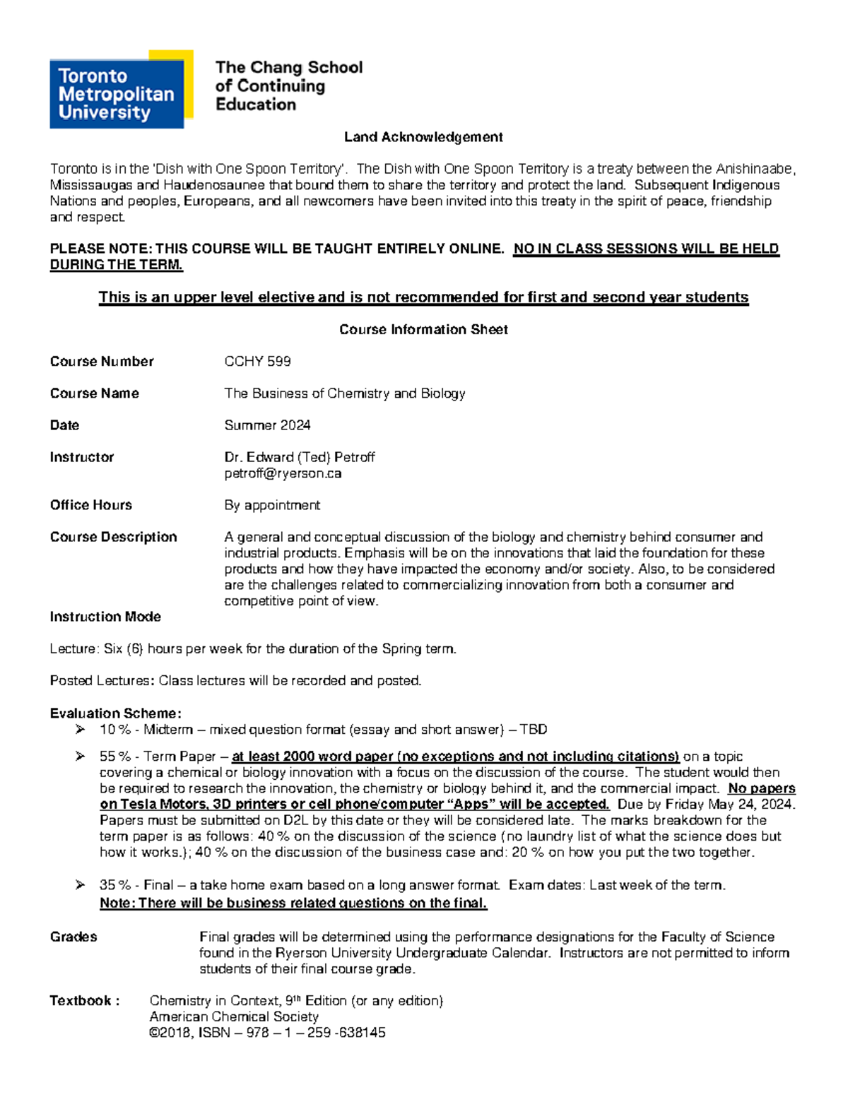 CCHY 599 Course Outline Spring 2024 - Land Acknowledgement Toronto is ...
