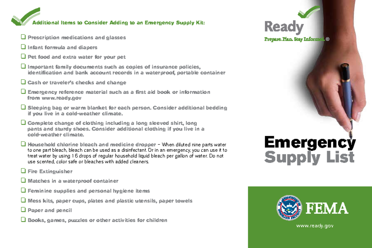 FEMA Disaster Checklist - Community Class Reference - Emergency Supply ...